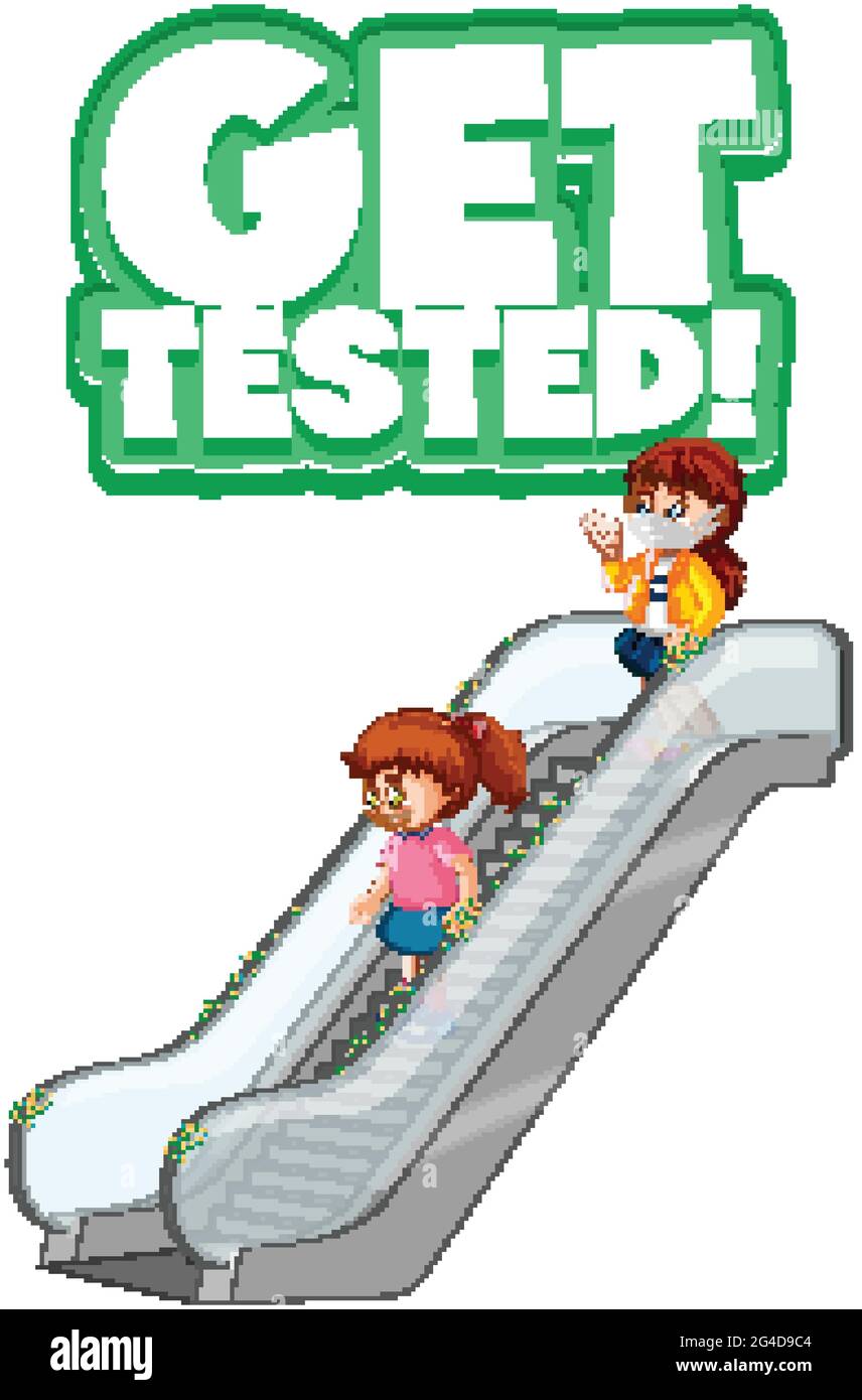 Get Tested font in cartoon style with children using escalator isolated ...