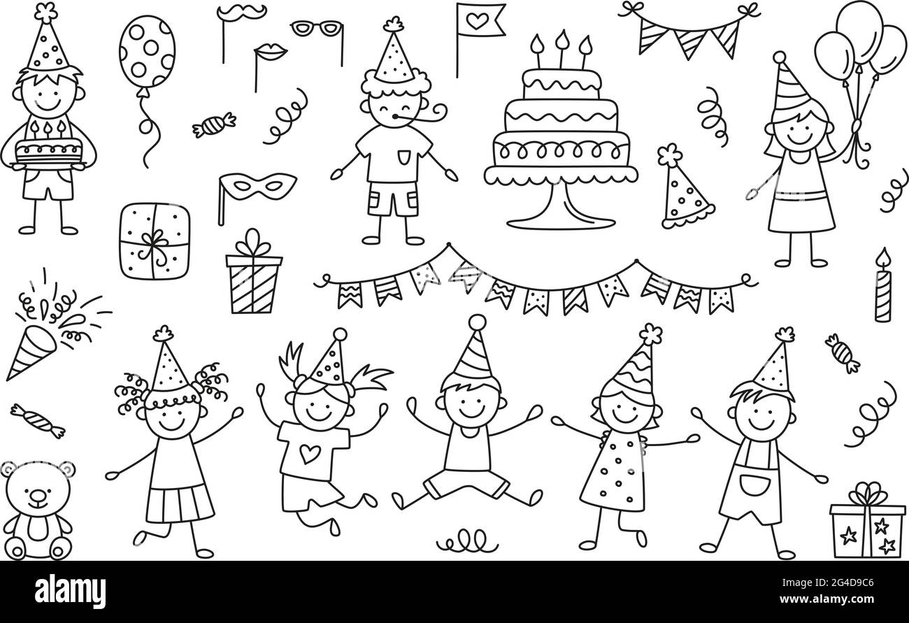 Set of Happy Birthday doodles. Sketch of party decoration, funny ...