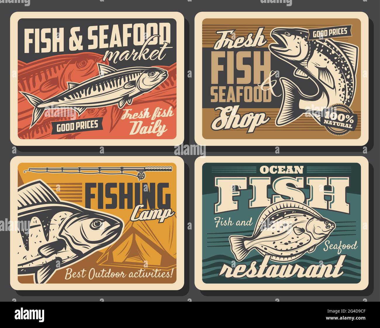 Fish and seafood, fishing sport vector design. Salmon, tuna and ...