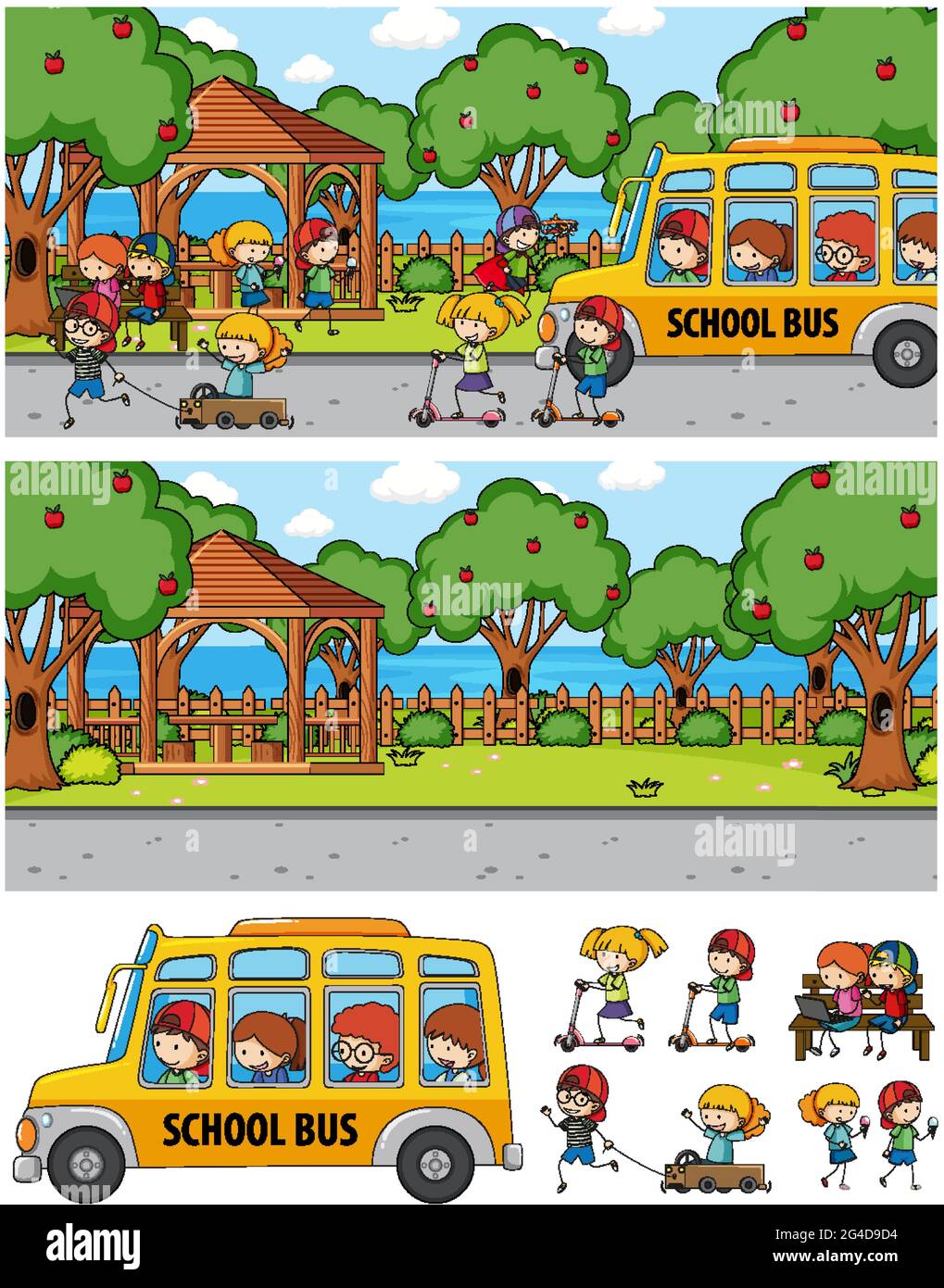 Park scene set with many kids doodle cartoon character isolated ...