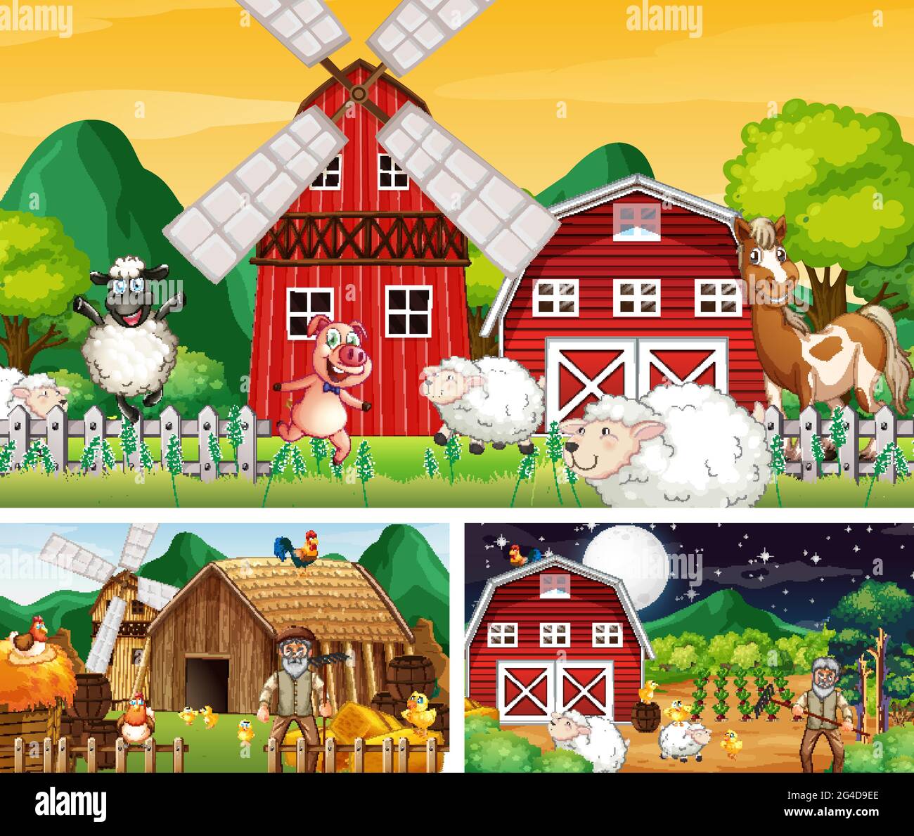 Different farm scenes with old farmer and animal cartoon character ...