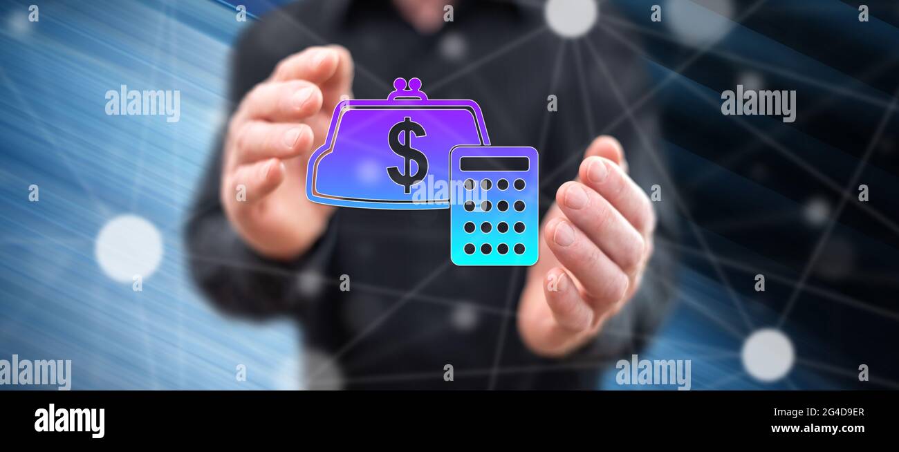 Money management concept between hands of a man in background Stock ...