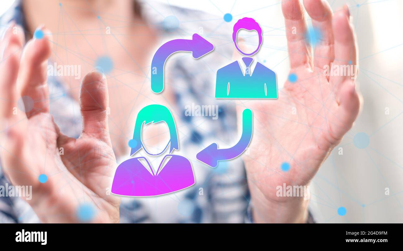 Business transition concept between hands of a woman in background ...