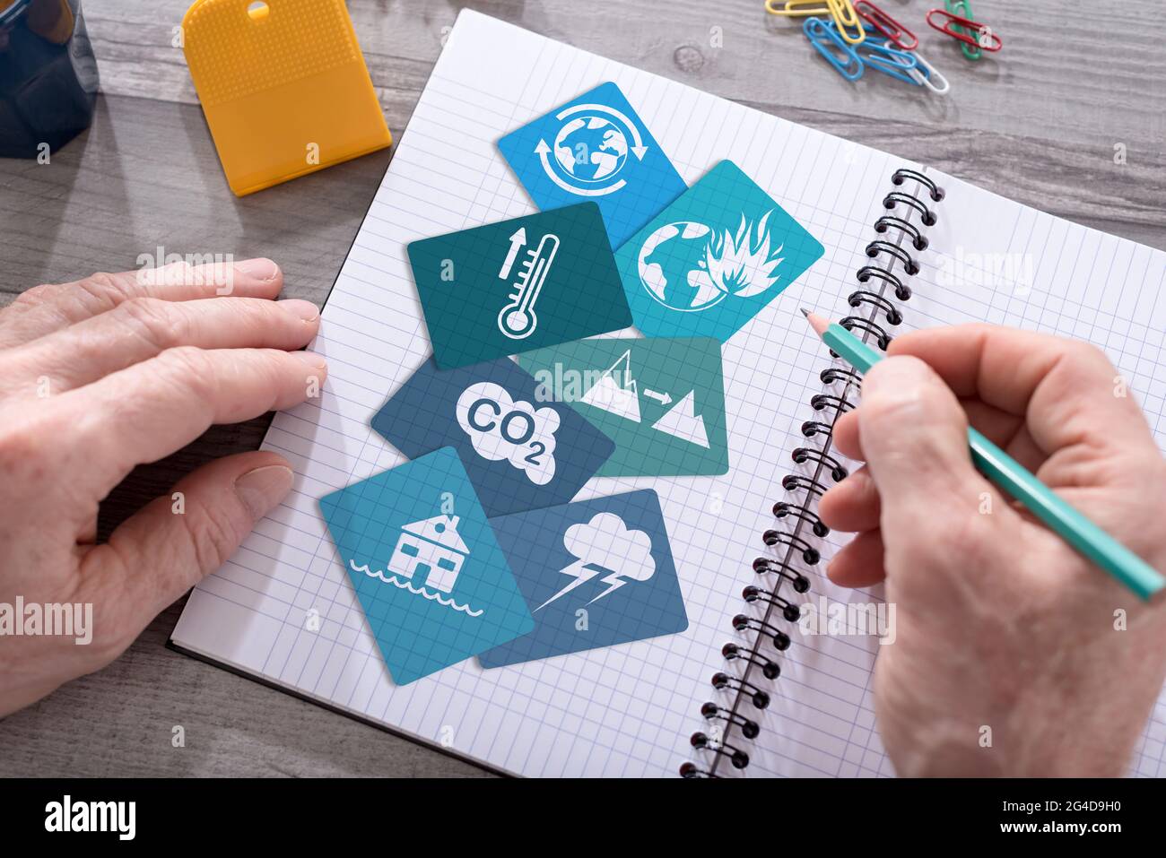 Climate change concept drawn on a notepad placed on a desk Stock Photo ...