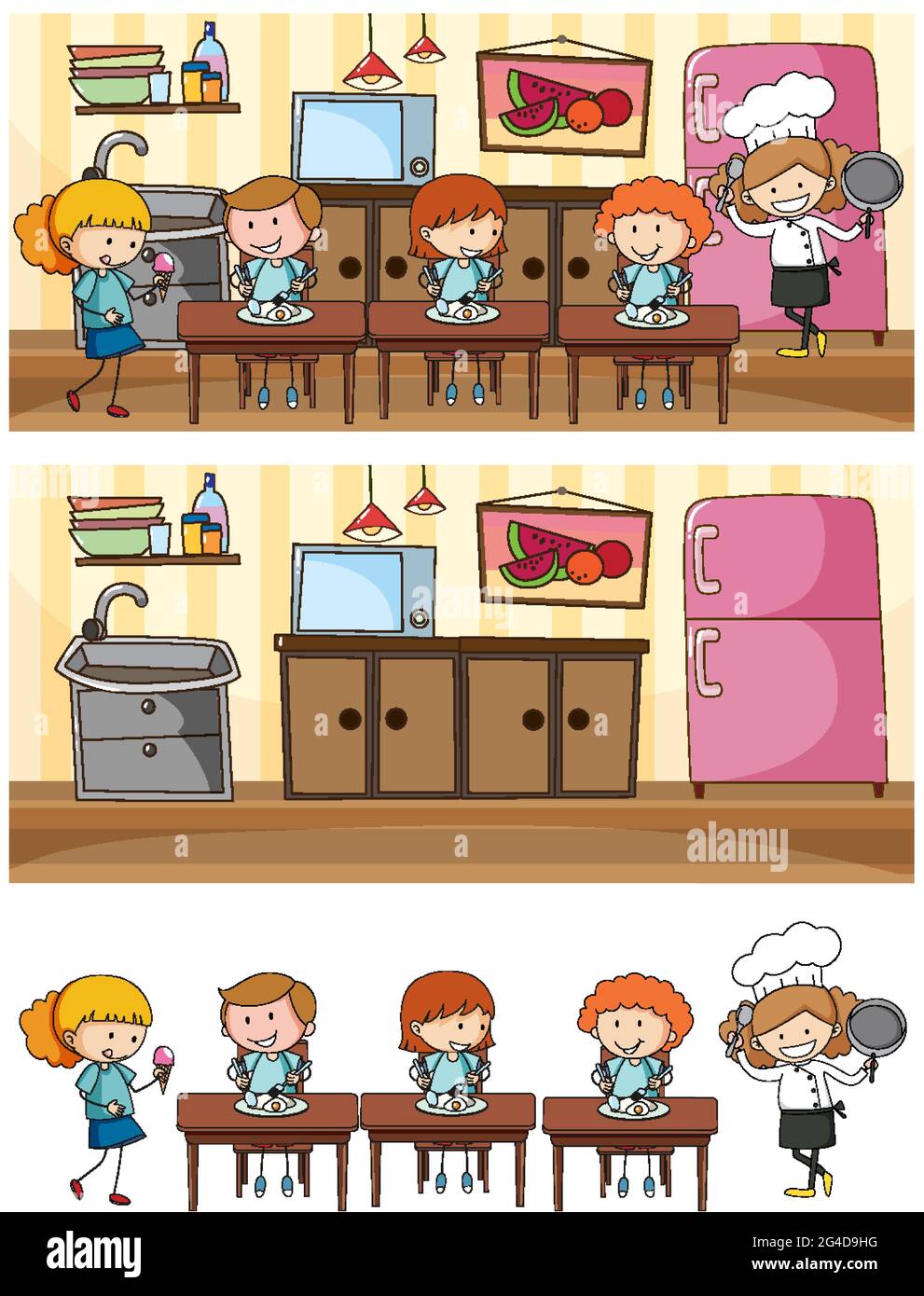 Set of kitchen scene with many kids doodle cartoon character ...