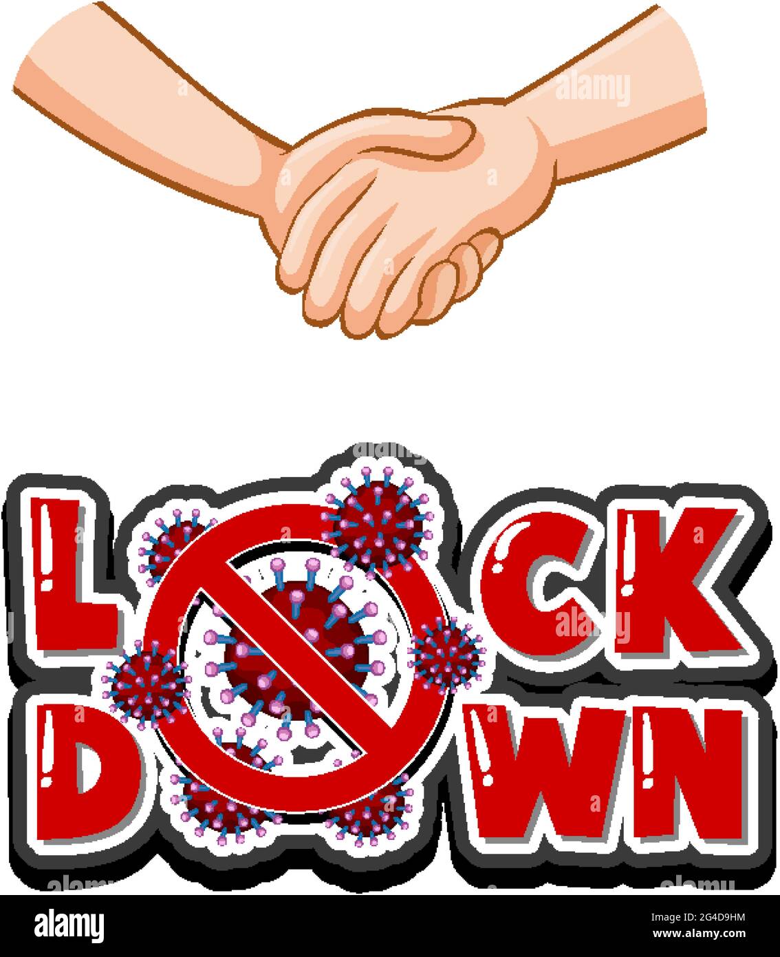 Lockdown font design with virus spreads from shaking hands on white ...