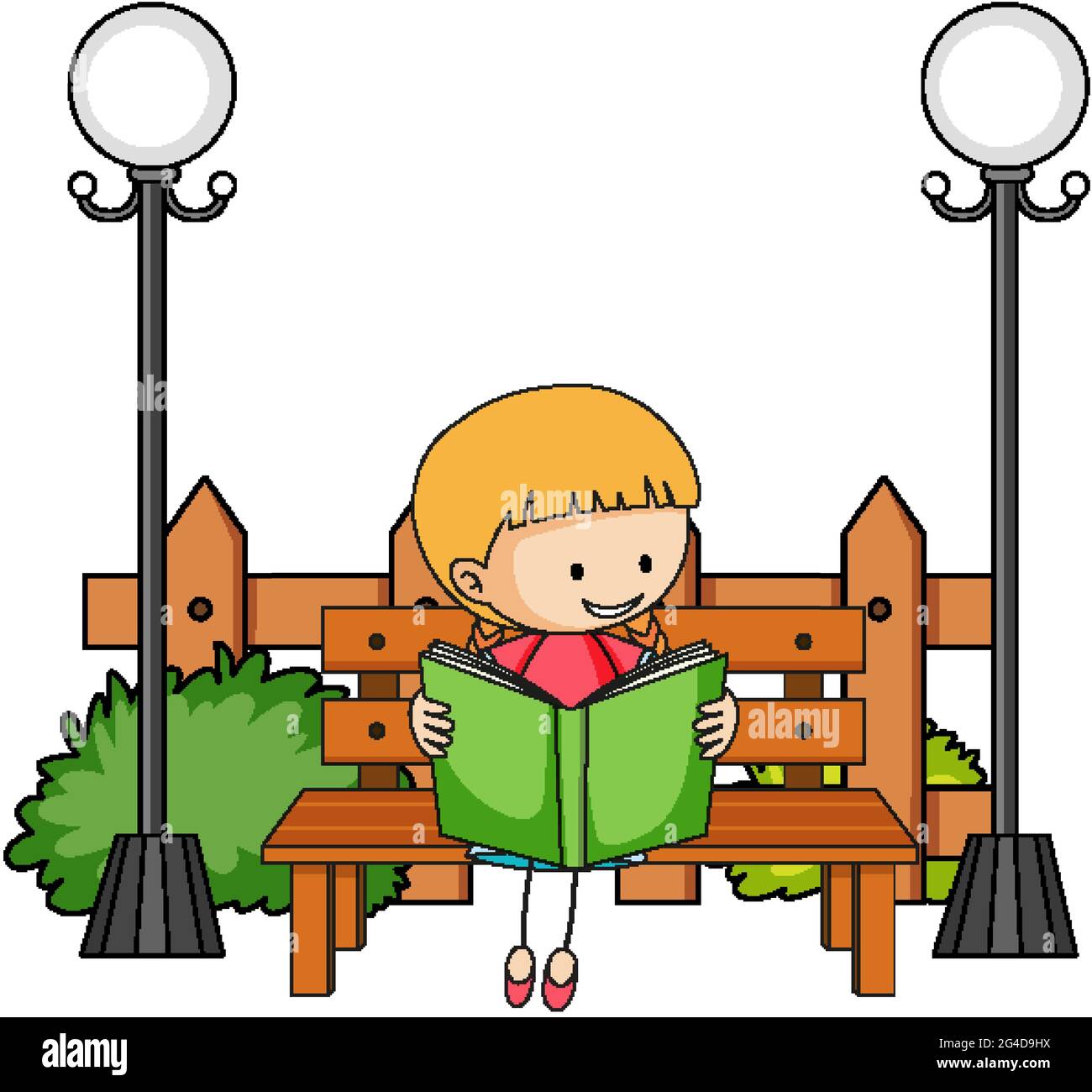Cute girl reading book doodle cartoon character with park elements ...