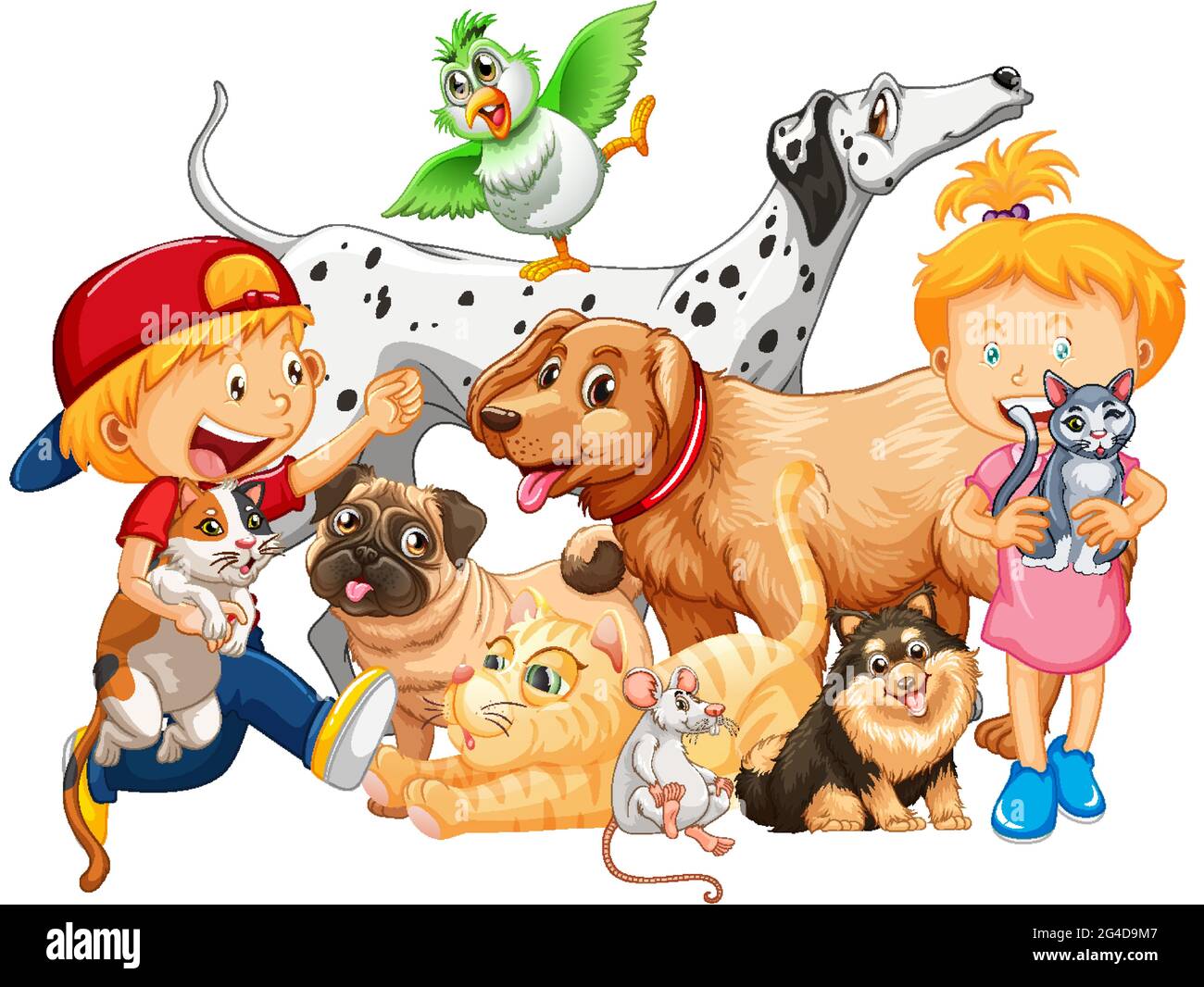 Group of pet with their owner on white background illustration Stock ...