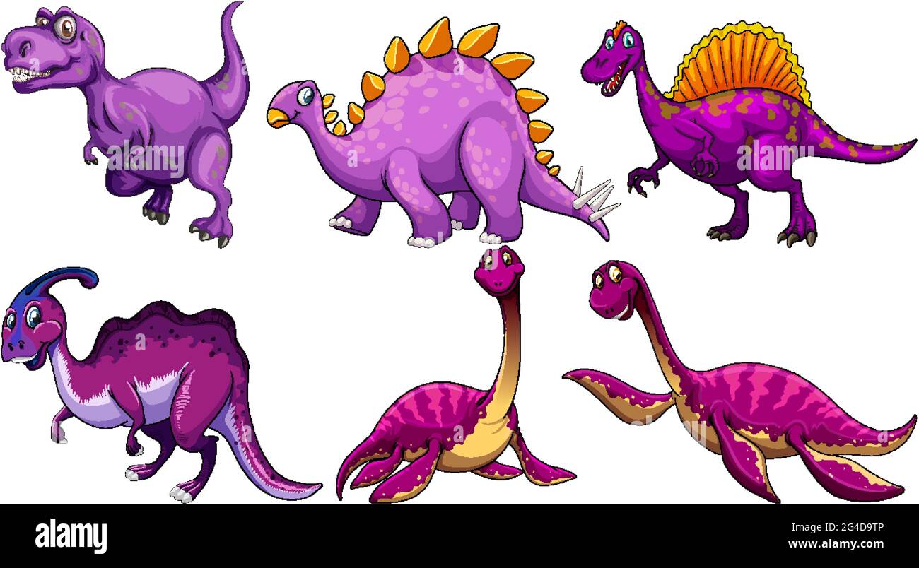 Set of purple dinosaur cartoon character illustration Stock Vector ...
