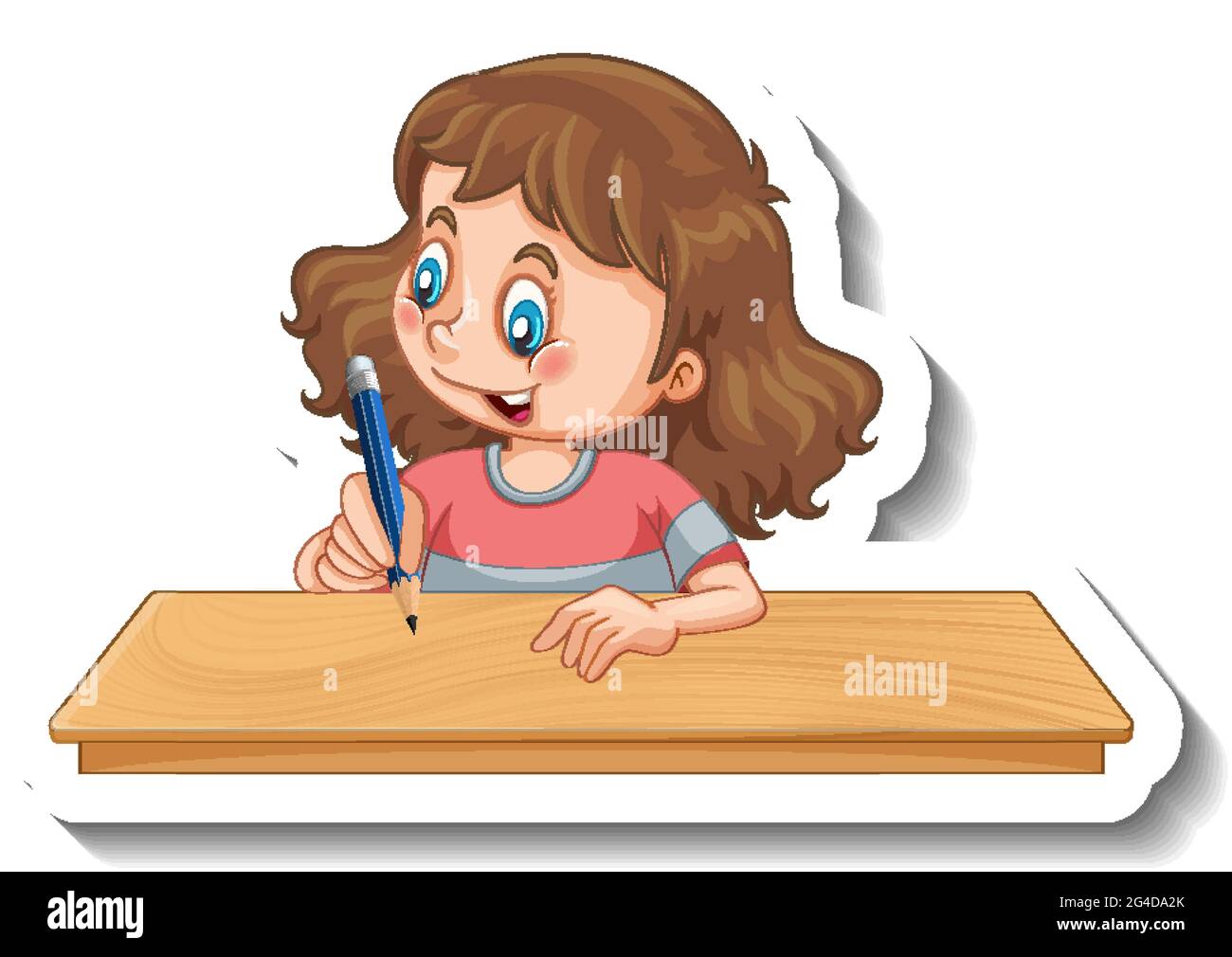 Sticker template with a girl writing on the table cartoon character ...