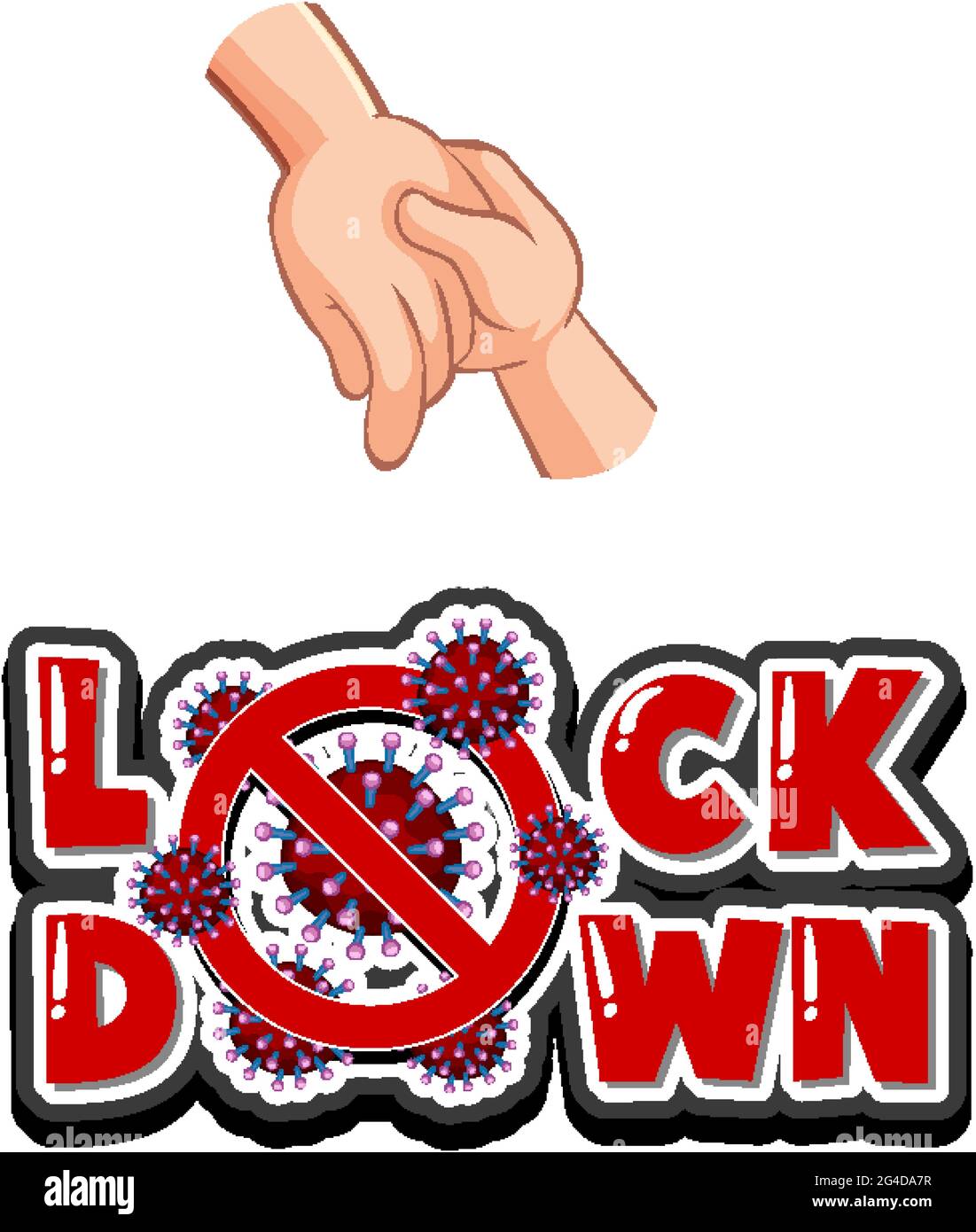 Lockdown font design with virus spreads from shaking hands on white ...