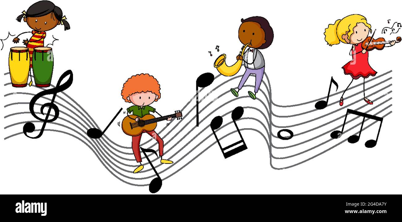 Musical melody symbols with many doodle kids cartoon character ...