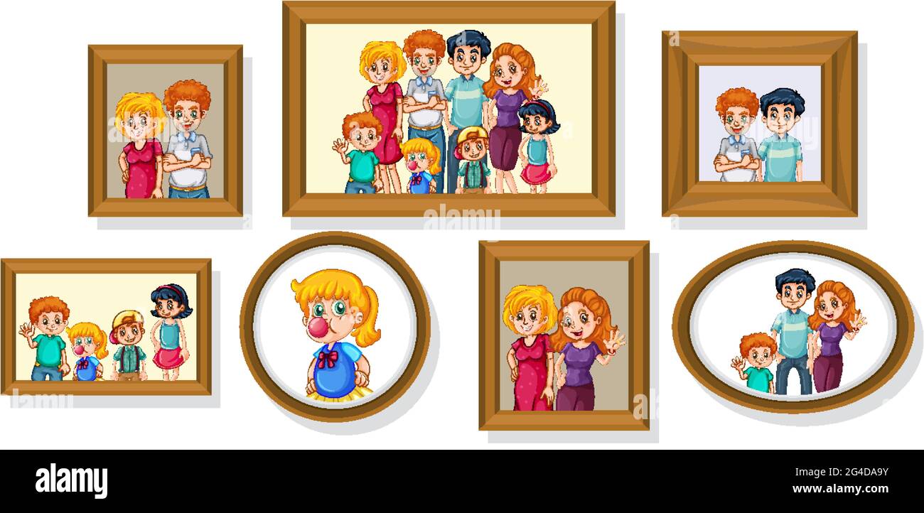 Set of happy family photo on the wooden frame illustration Stock Vector ...