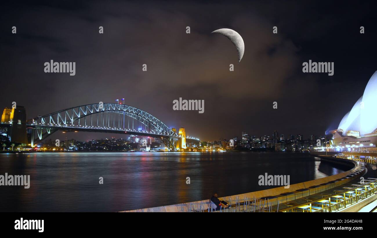 Panorama night view of Sydney Harbour and City Skyline of circular quay ...