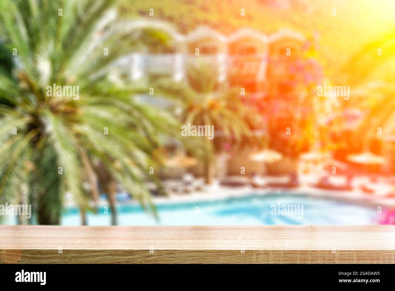 Beach table background with blurred landscape of a summer tourist ...