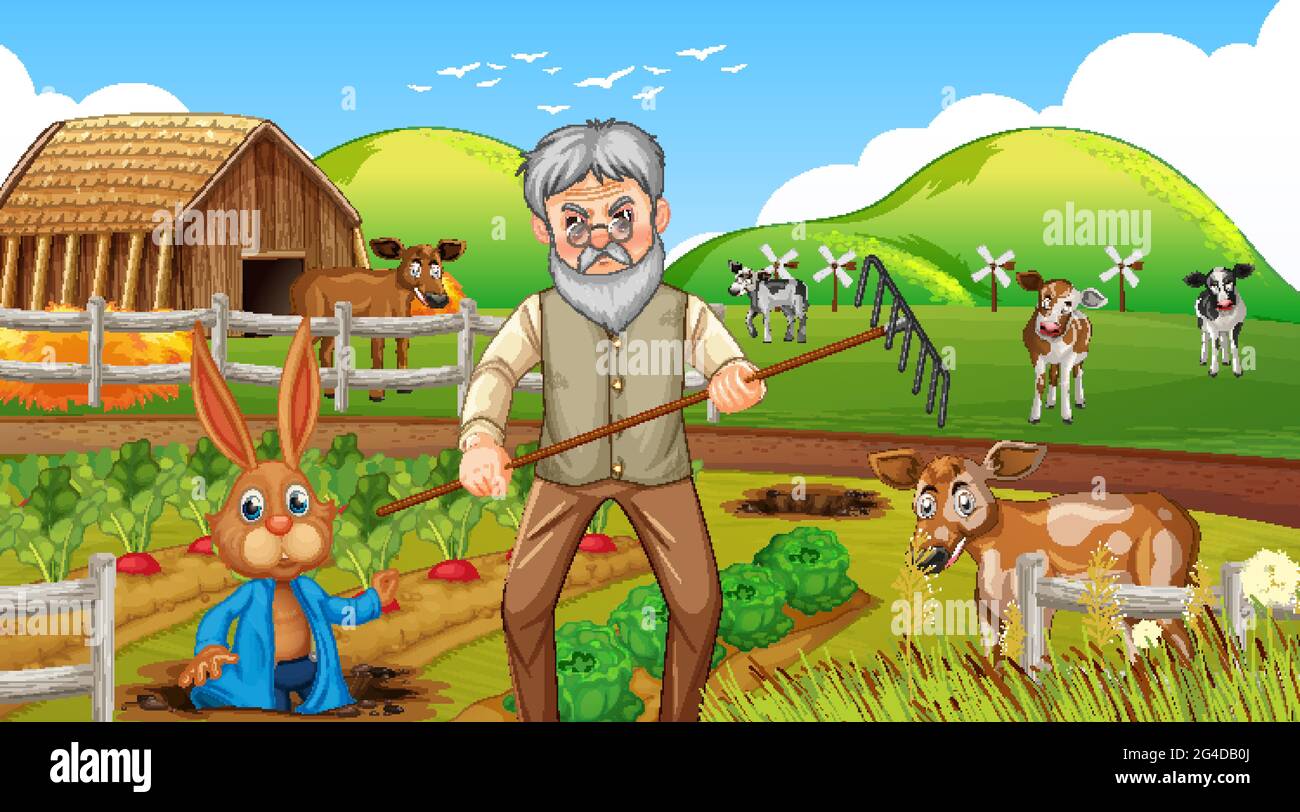 Farm at daytime scene with old farmer man and farm animals illustration ...