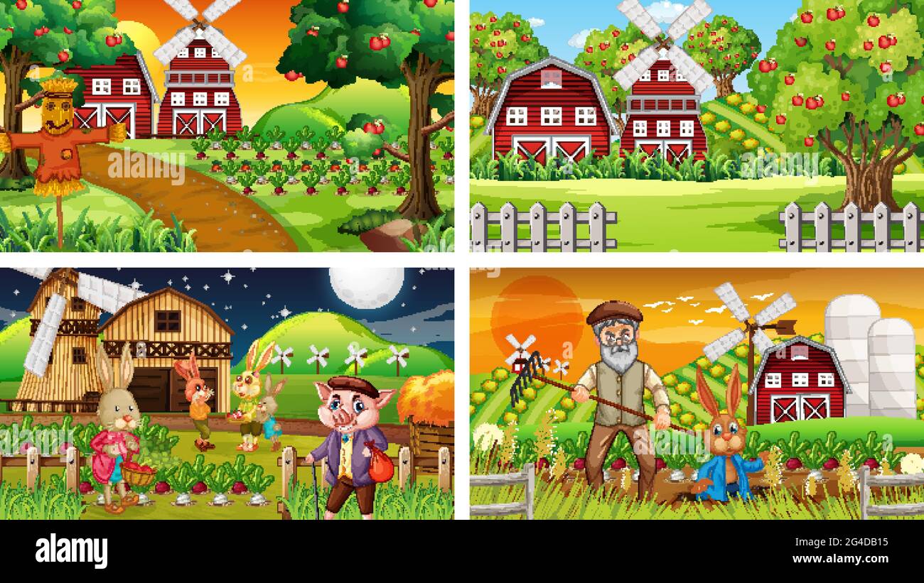 Different farm scenes with old farmer and animal cartoon character ...