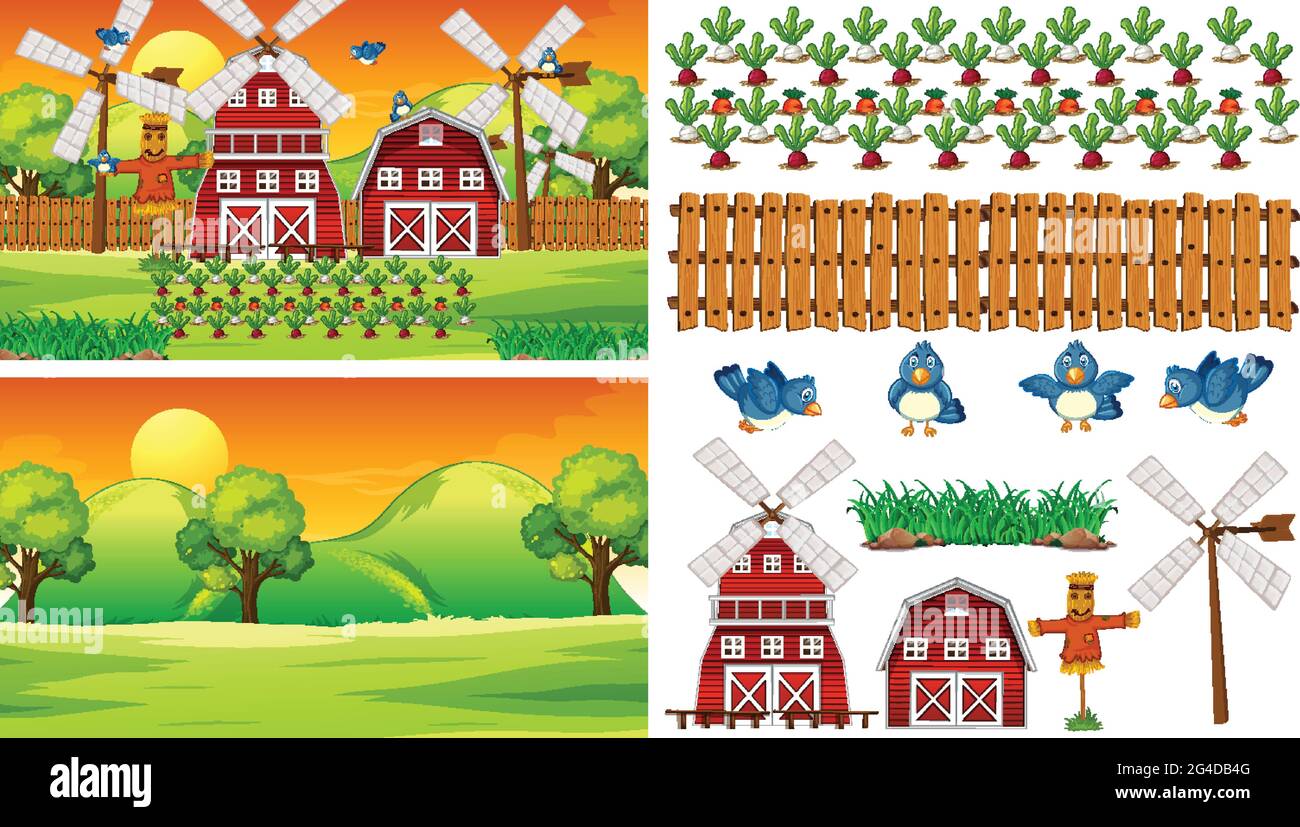 Farm element set isolated with farm scence illustration Stock Vector ...