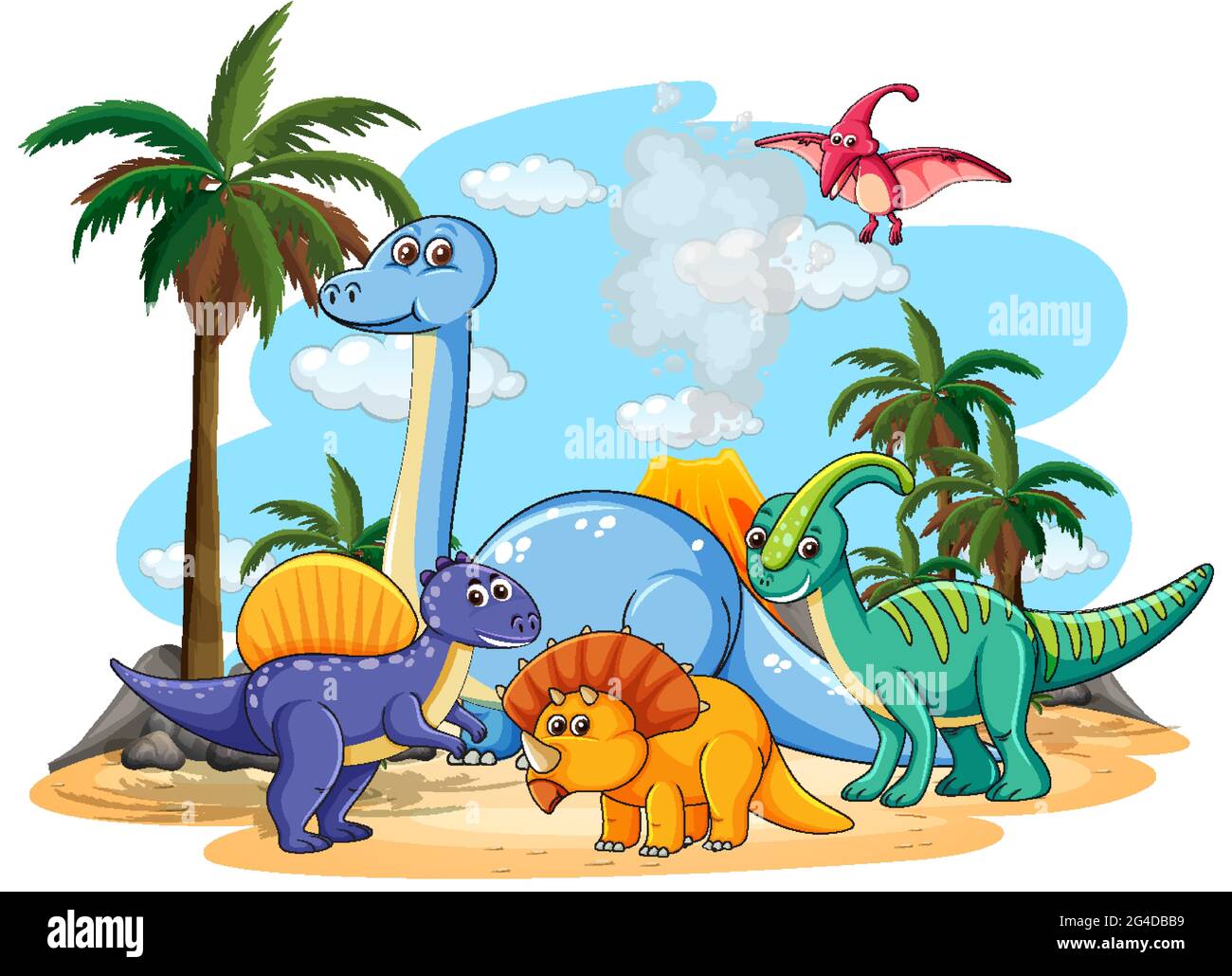 Many cute dinosaurs character in prehistoric land isolated illustration ...