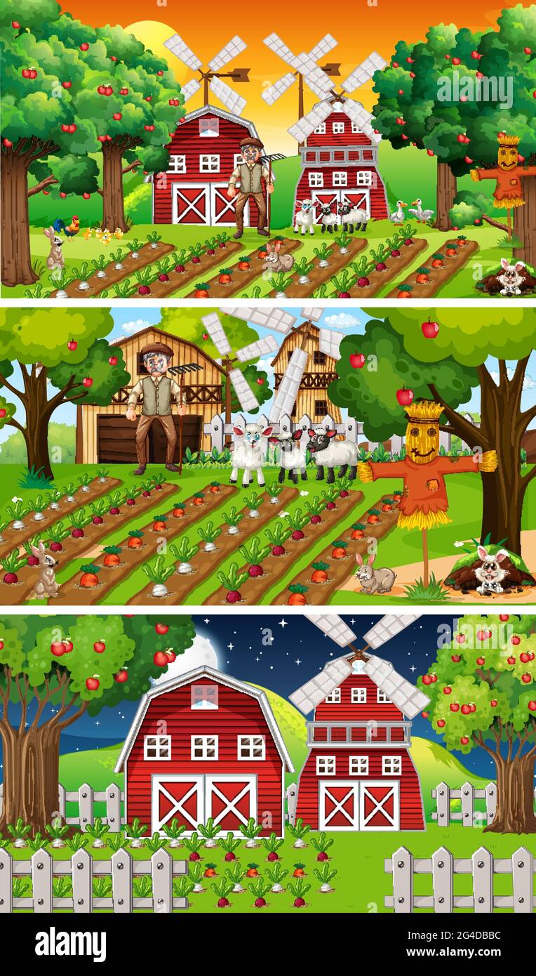 Different farm scenes with old farmer and animal cartoon character ...