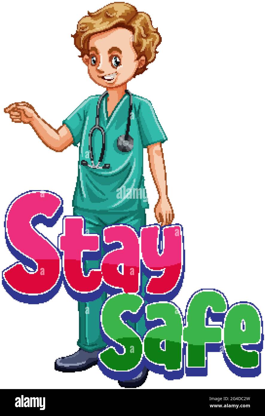 Stay Safe font with a doctor man cartoon character isolated ...