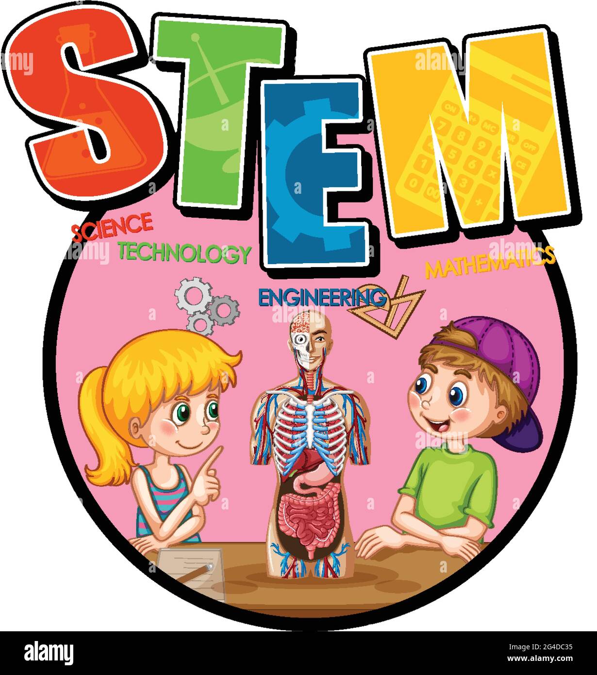 STEM education logo with children cartoon character illustration Stock ...