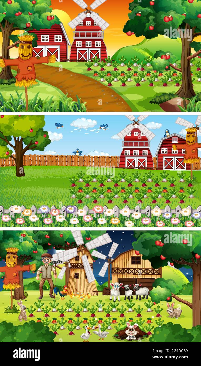 Different farm scenes with old farmer and animal cartoon character ...