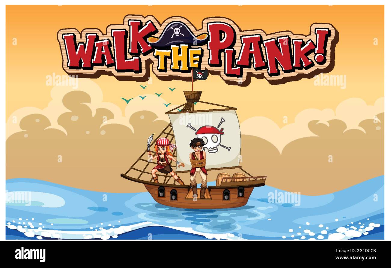 Walk the plank font banner with pirate cartoon character with pirate ...