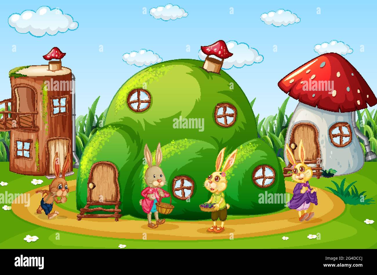 Garden scene with many rabbits cartoon character illustration Stock ...