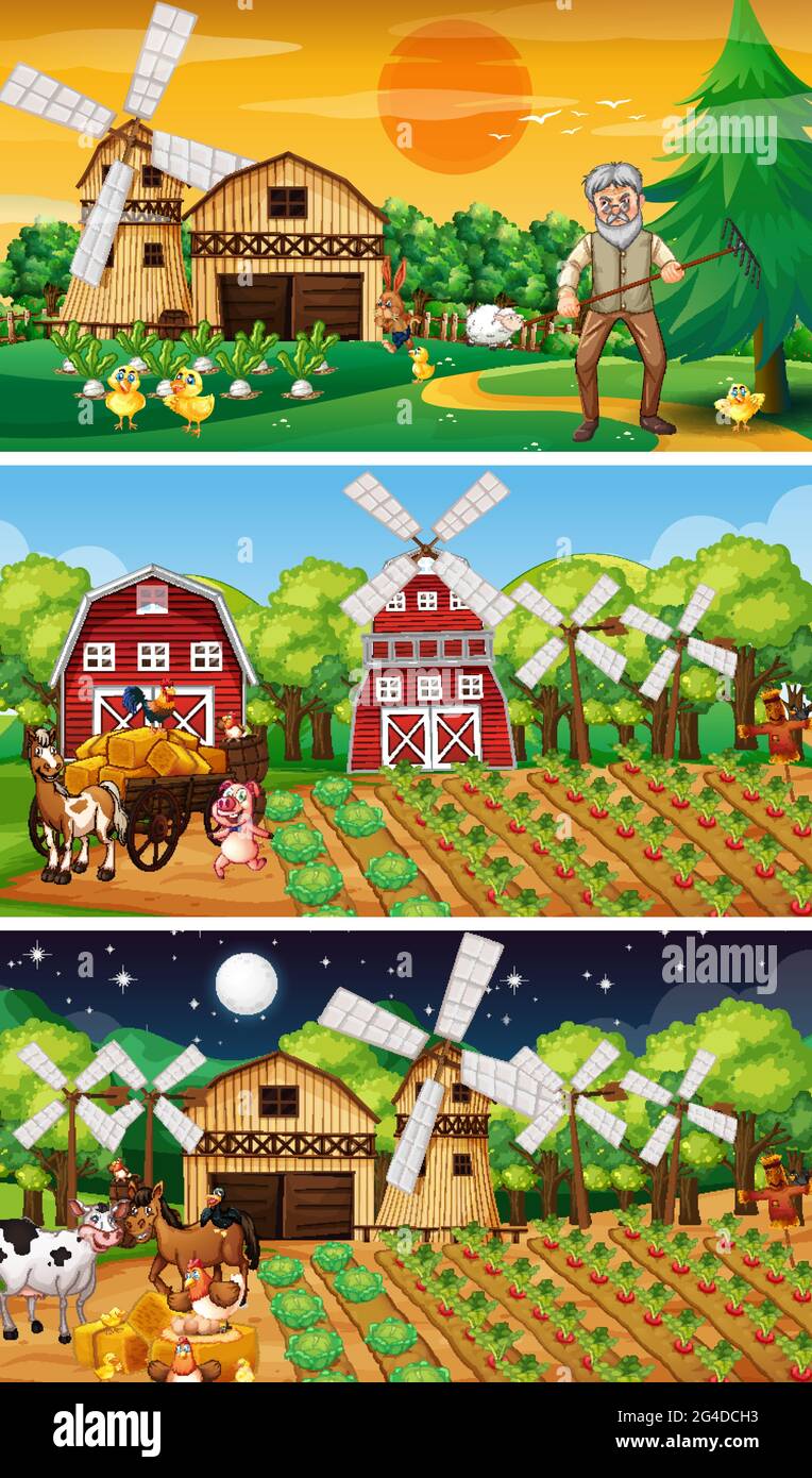 Different farm scenes with old farmer and animal cartoon character ...