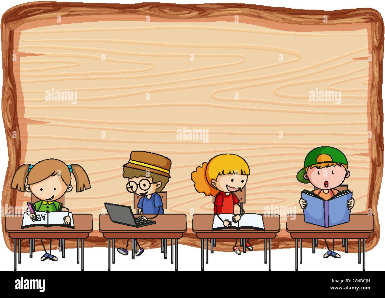 Empty wooden board with many kids doing their homework isolated ...