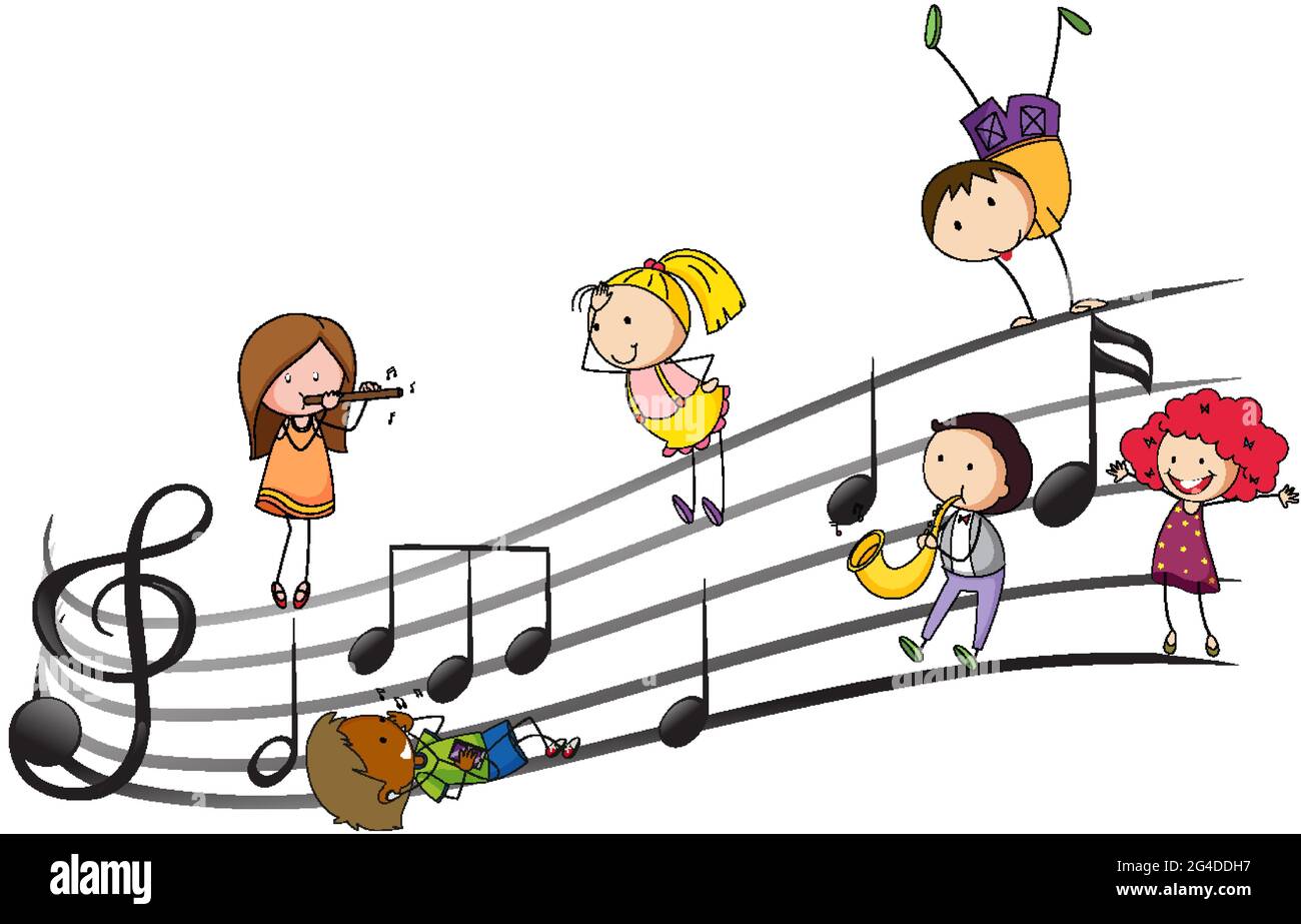 Musical melody symbols with many doodle kids cartoon character ...
