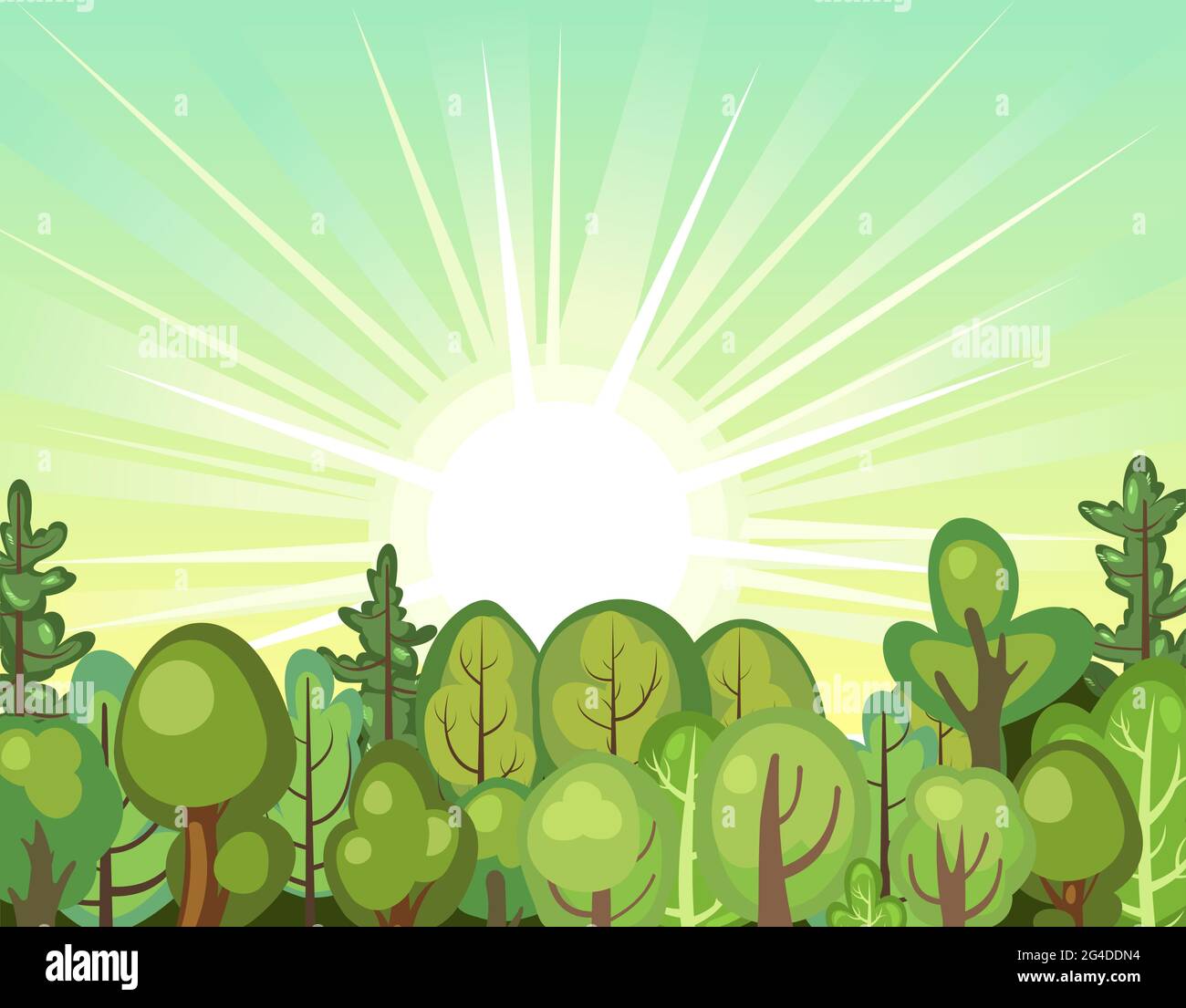 Flat forest. Illustration in a simple symbolic style. Sunrise. Funny ...