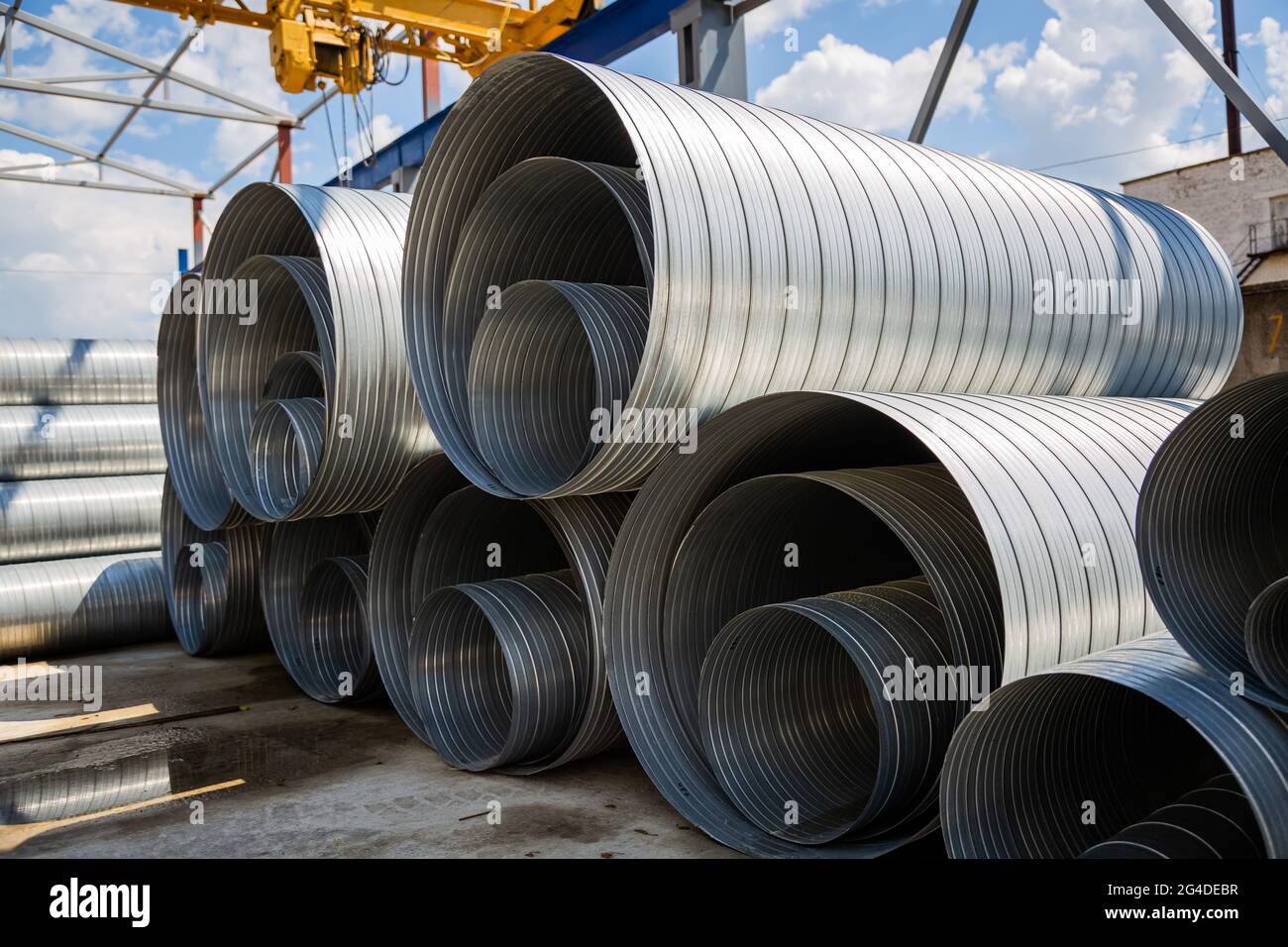 Ventilation pipe warehouse. Steel pipes, parts for the construction of ...