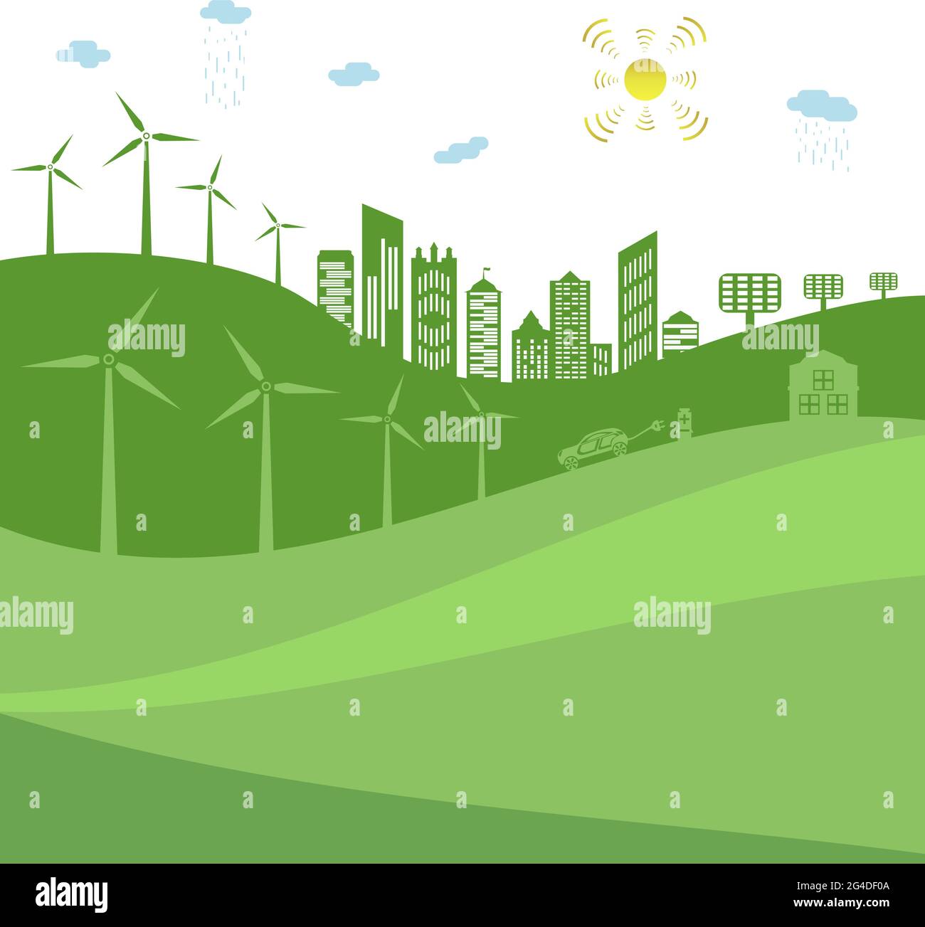 Silhouette of ecological city. Green energy with wind energy and solar ...