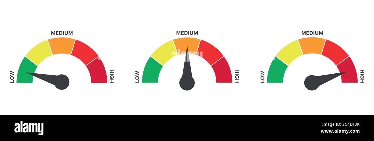Vector Speedometer Scale from green to red with arrow and text low ...