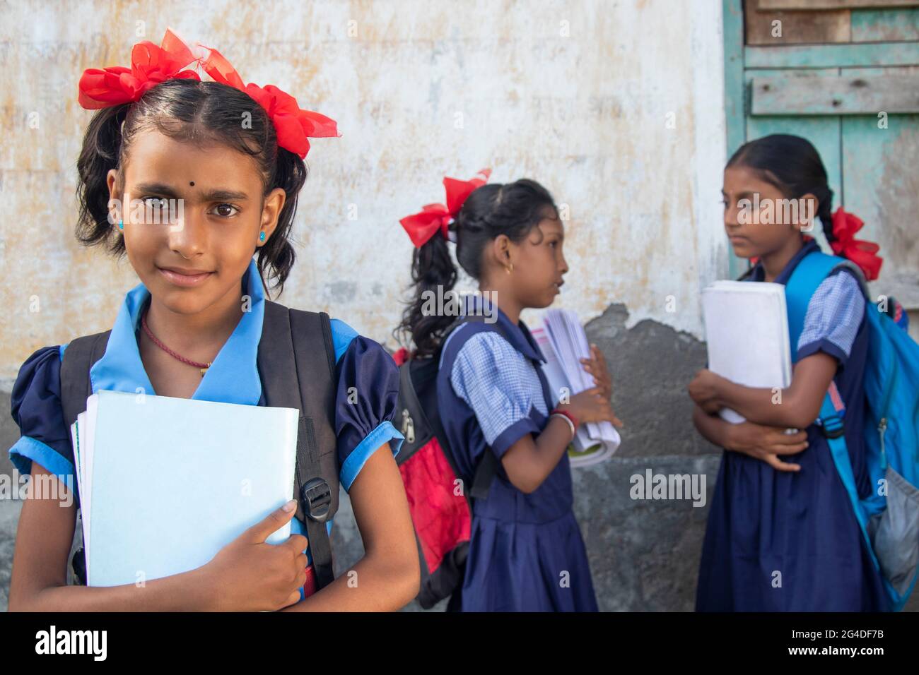 Indian Rural School Girls Holding Books Standing in School Stock Photo ...