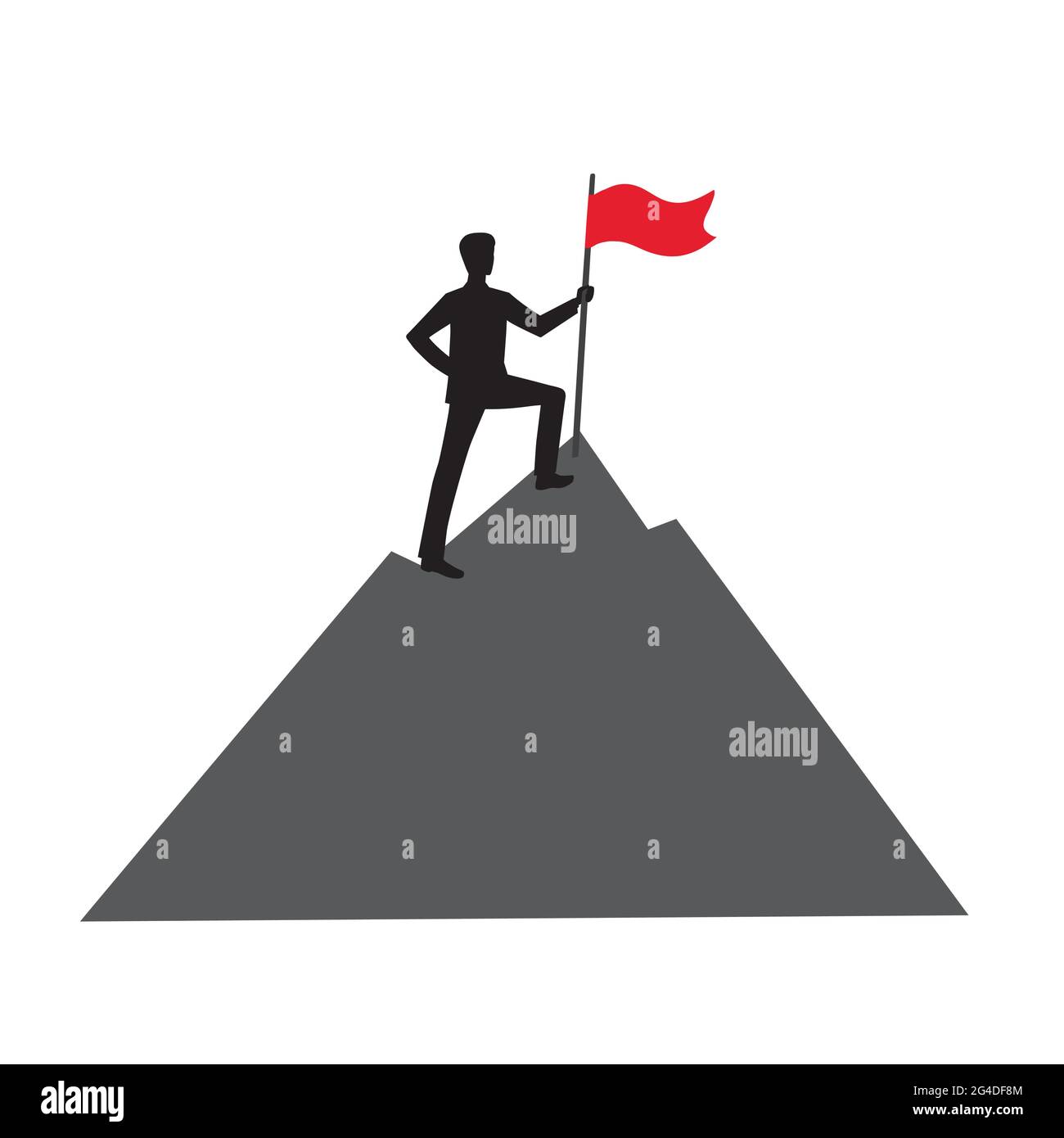 Success concept.A man with red flag stands on top of a mountain. Winner ...