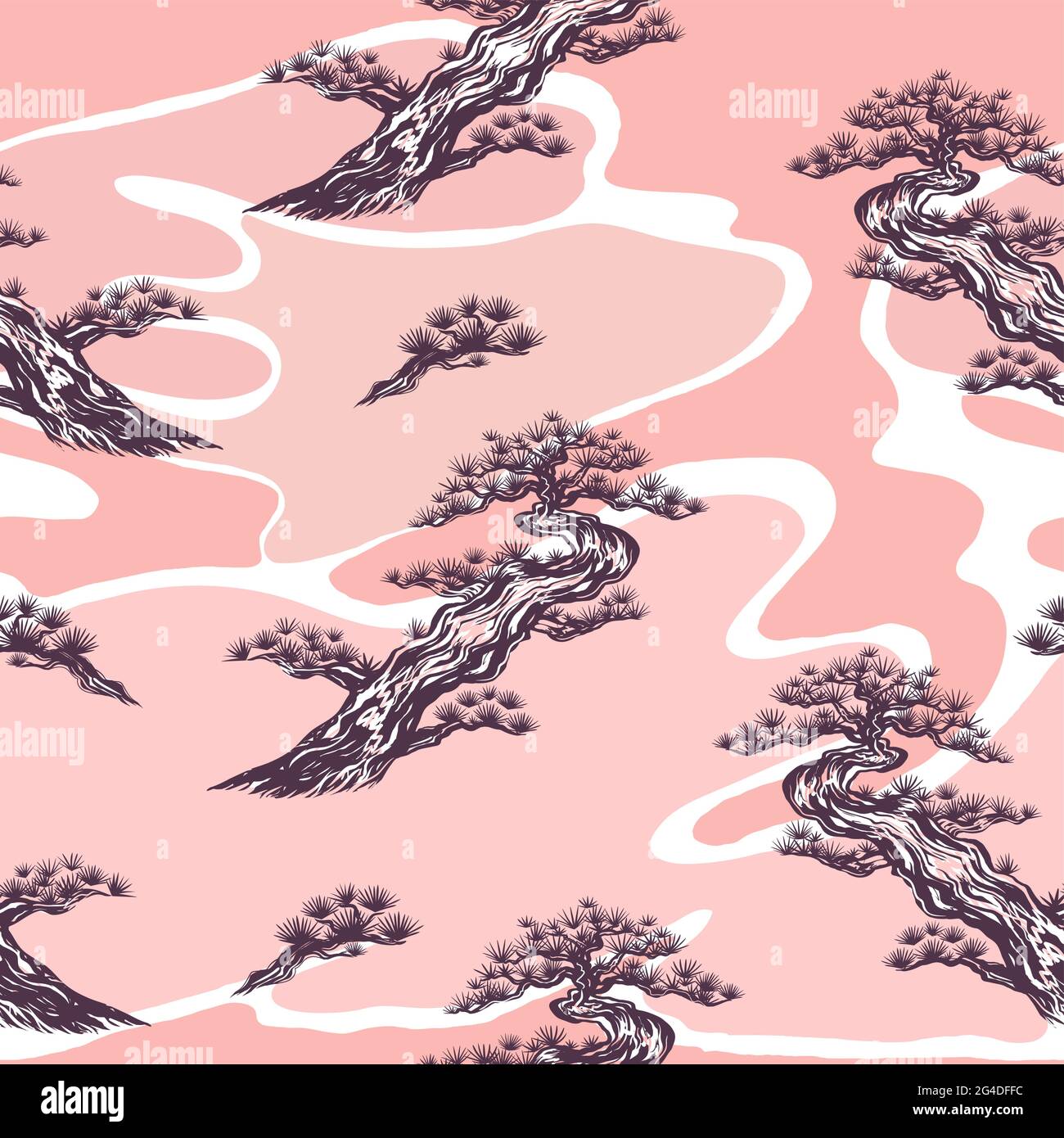 Seamless pattern with Bonsai tree on a pink background. Sketch Japanese ...