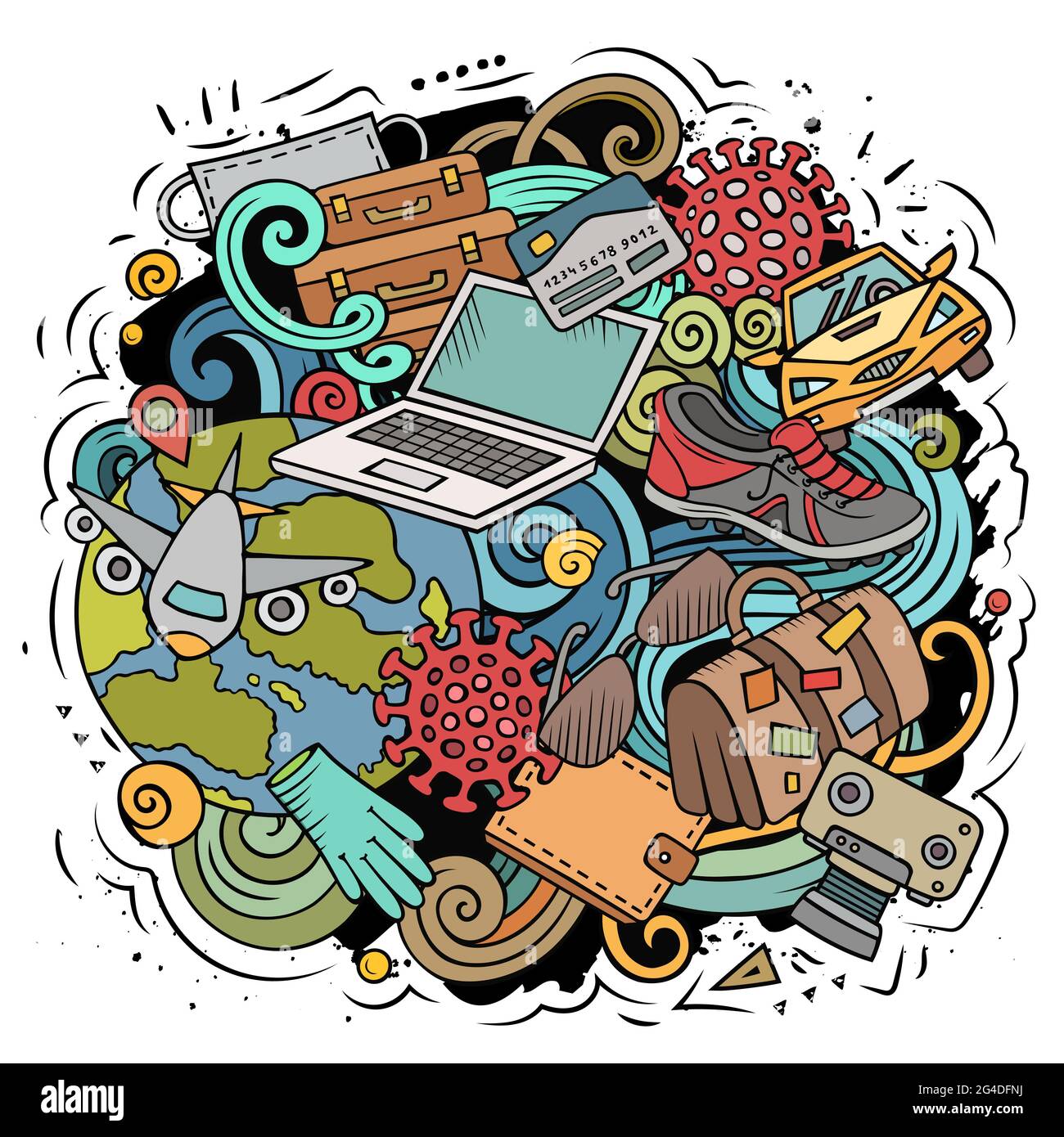 Traveling vector doodles illustration. New normal elements and objects ...