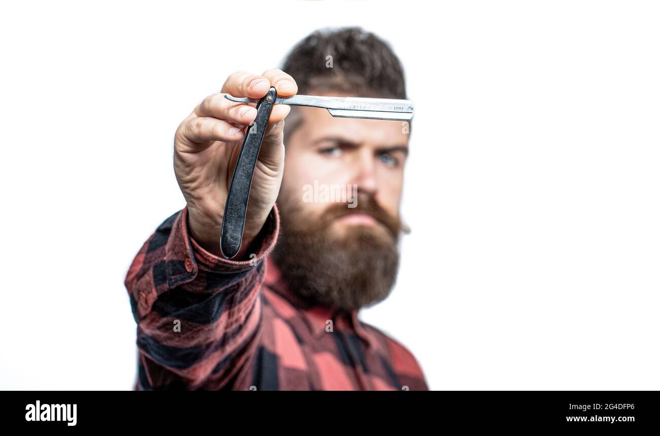Vintage straight razor. Mens haircut. Man in barbershop. Handsome ...