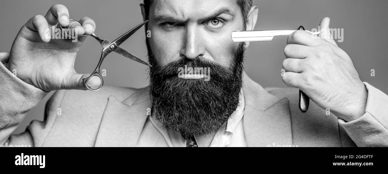 Barber scissors and straight razor, barber shop, suit. Vintage ...