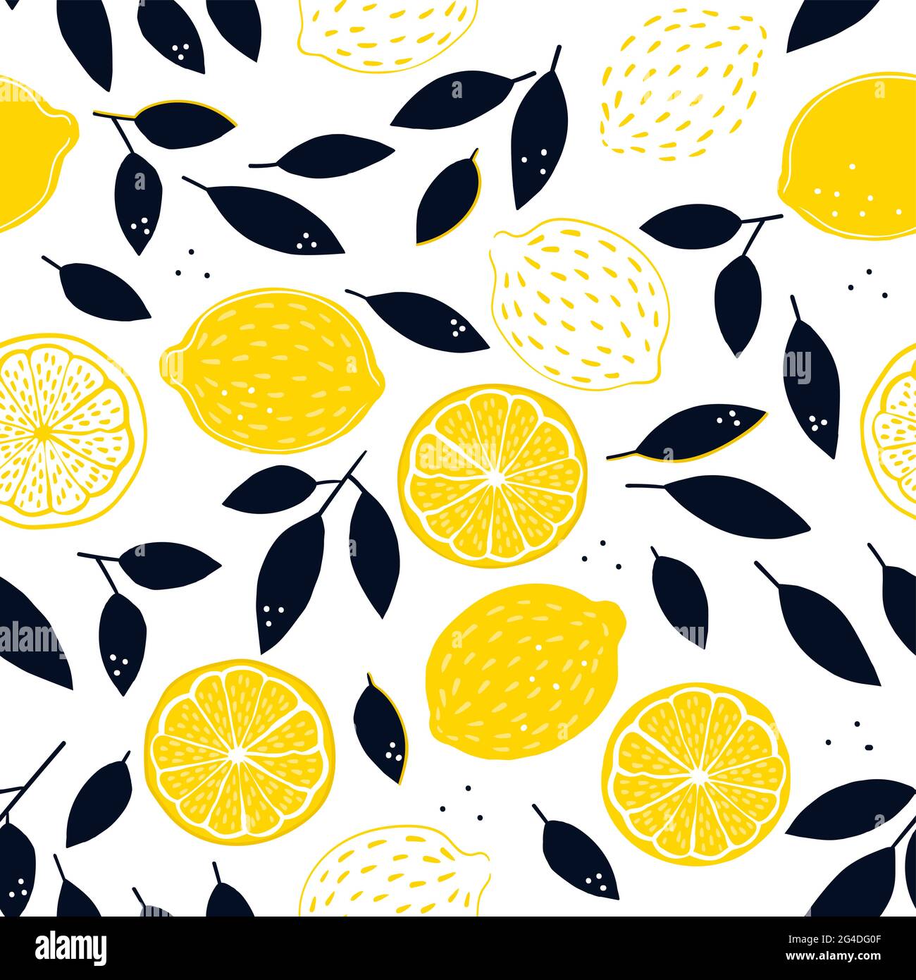 Tropical seamless pattern with yellow lemons and lemon slices. Hand drawn lemons pattern on ...
