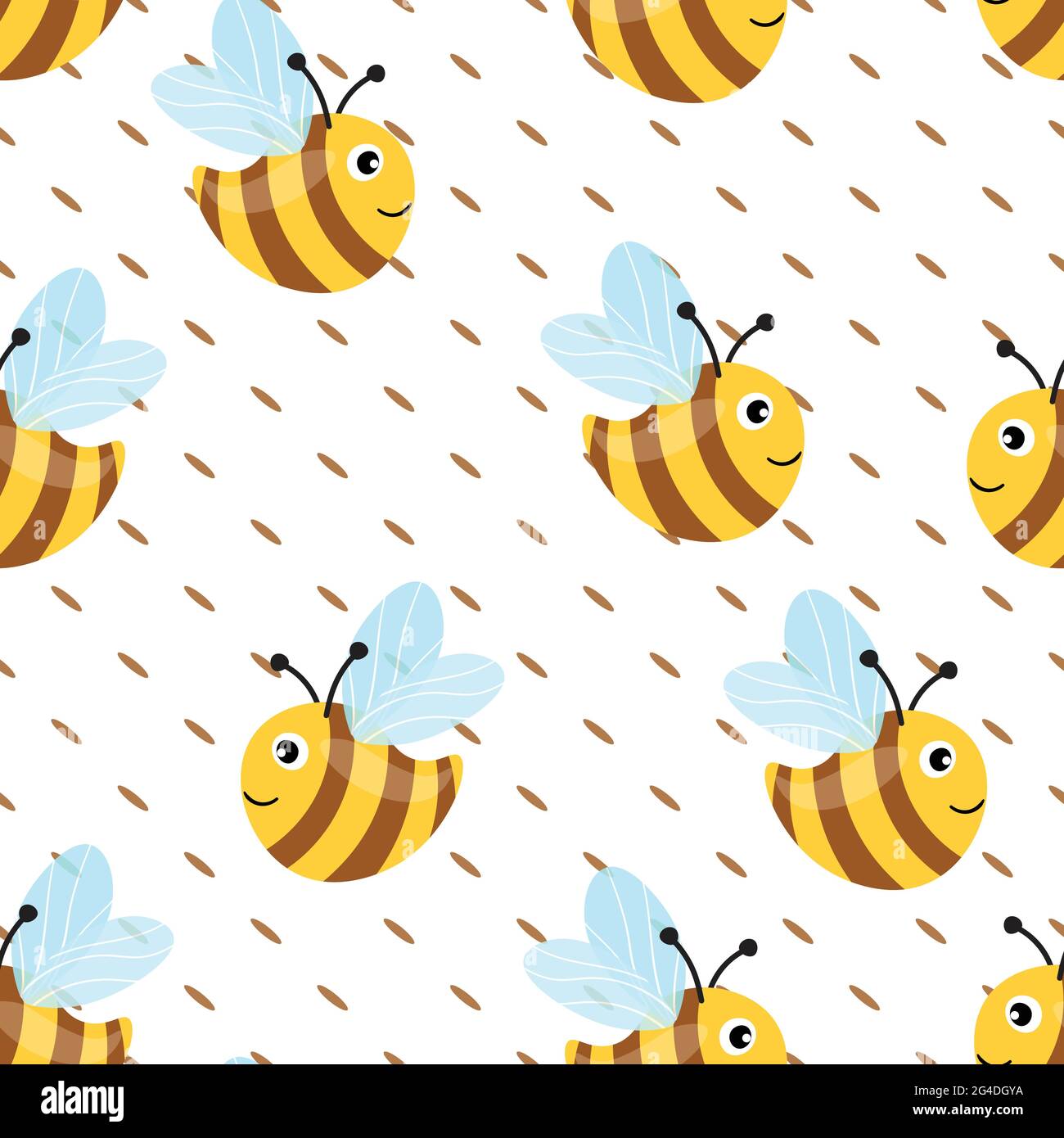 Seamless pattern with bees on white polka dots background. Small wasp ...