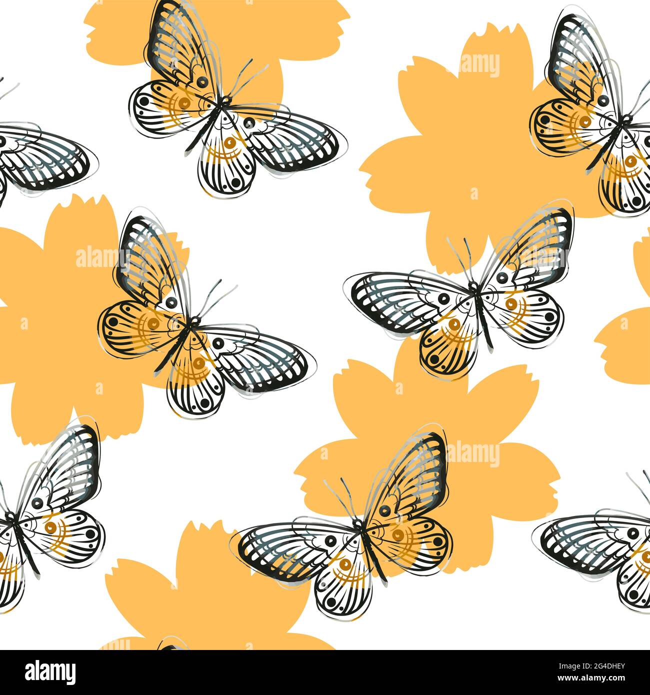 Seamless Pattern Butterflies Flowers White Background. Stock Vector ...