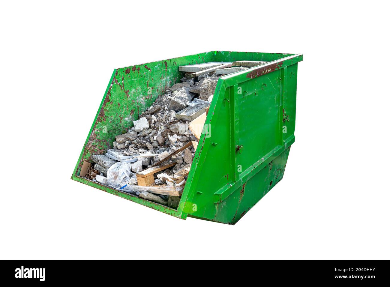 Large metal green container filled with rubble and construction waste ...