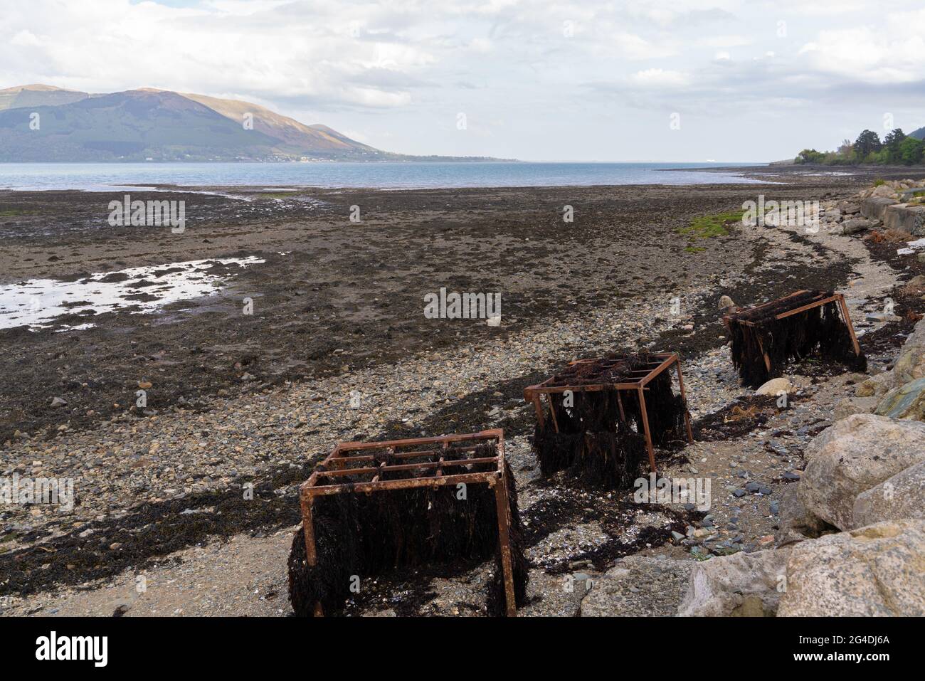 Beautiful shot of a river during low tide with old metallic structure ...