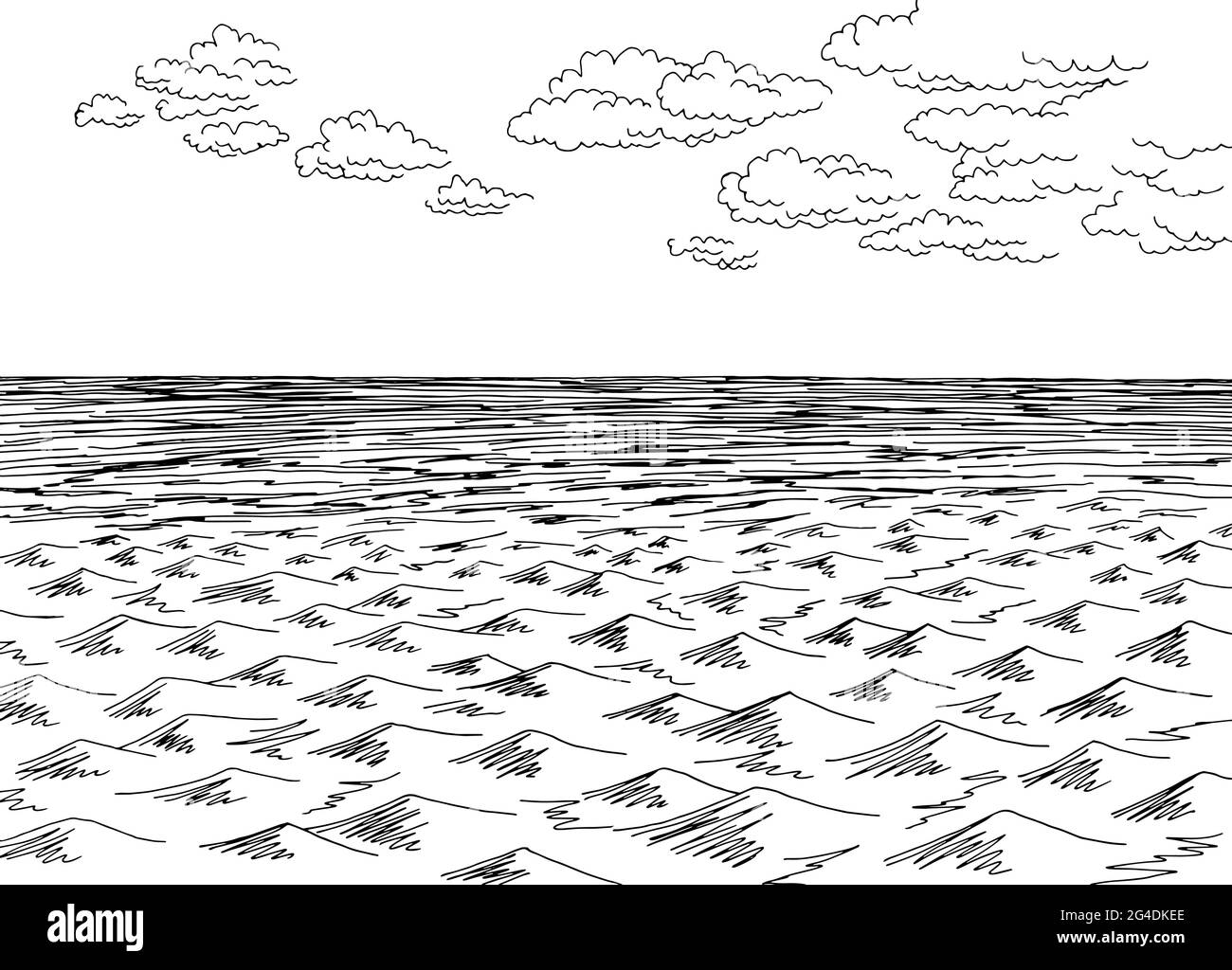 Sea skyline graphic black white seascape sketch illustration vector ...