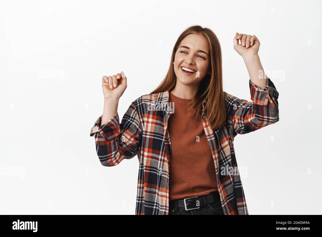 Dancing girl, student partying, having fun on party, raising hands ...
