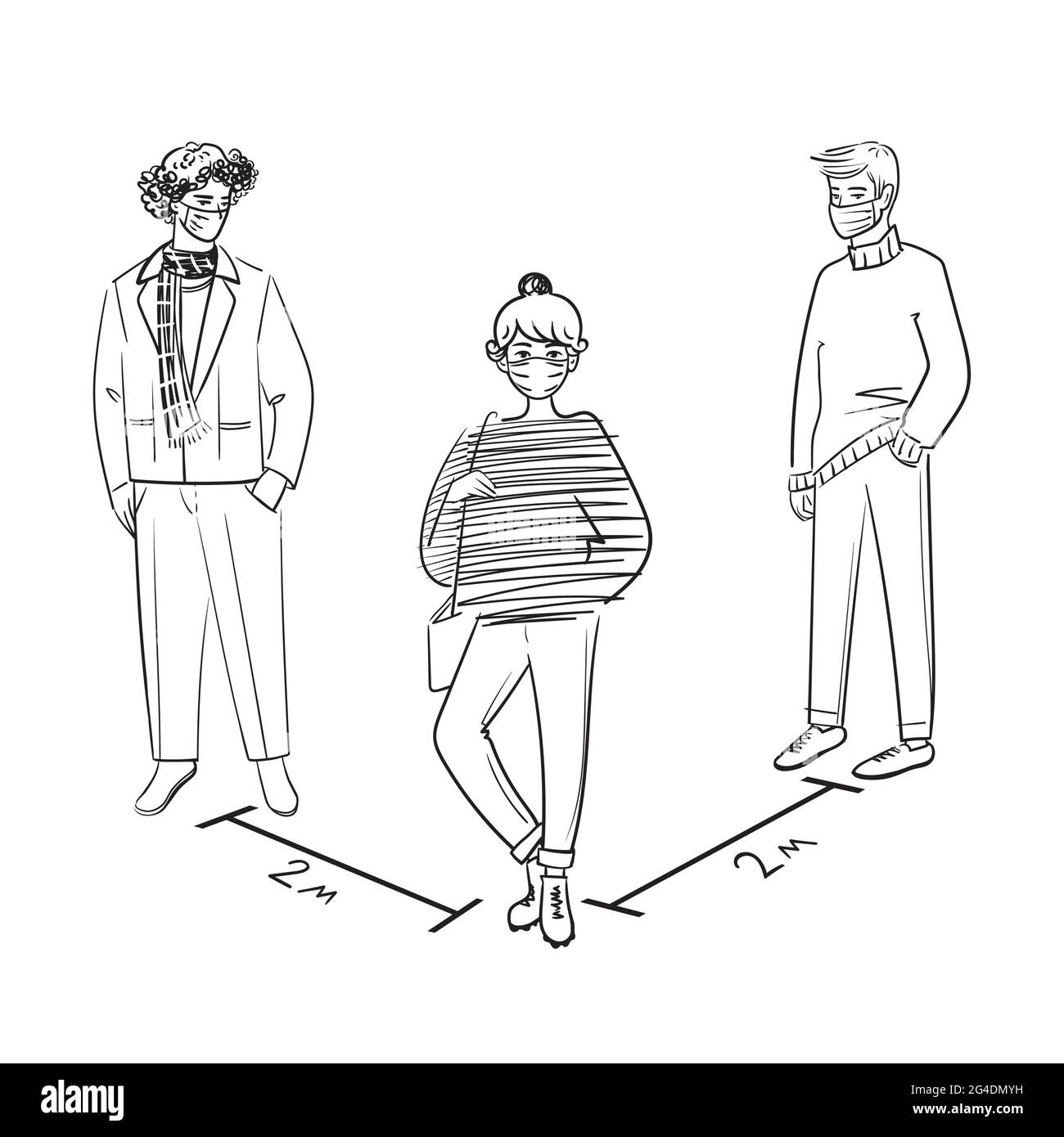 Men and woman wearing medical masks.People keeping distance for ...